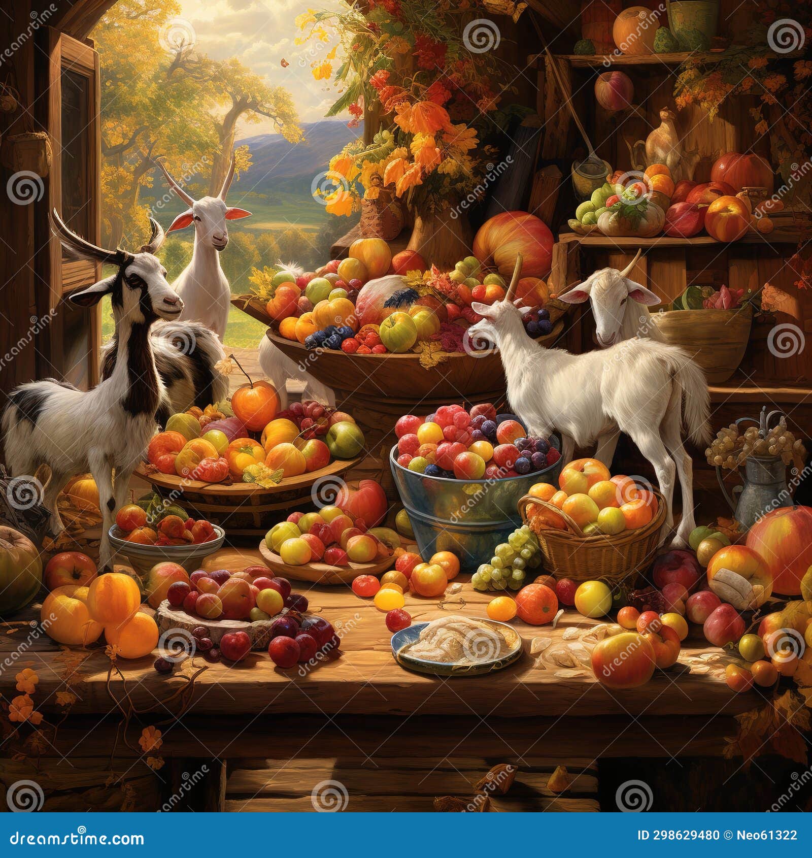 A Medieval Fall Cornucopia Table Overflowing Animal Happy People ...