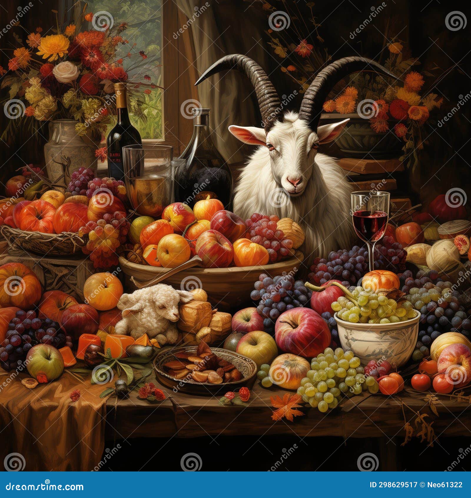 A Medieval Fall Cornucopia Table Overflowing Animal Happy People ...