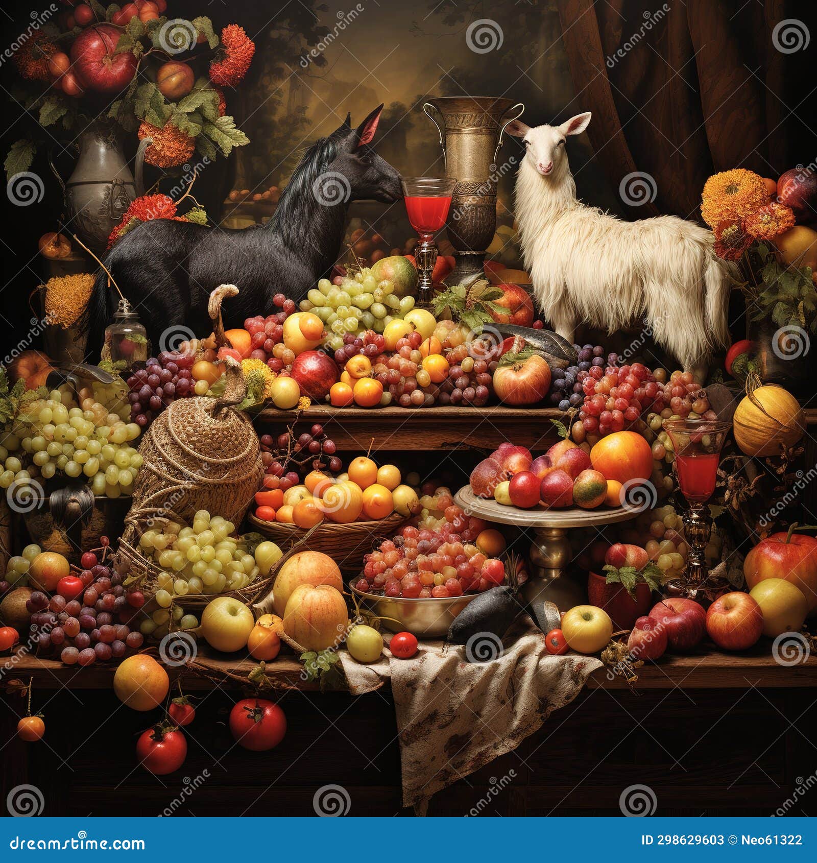 A Medieval Fall Cornucopia Table Overflowing Animal Happy People ...