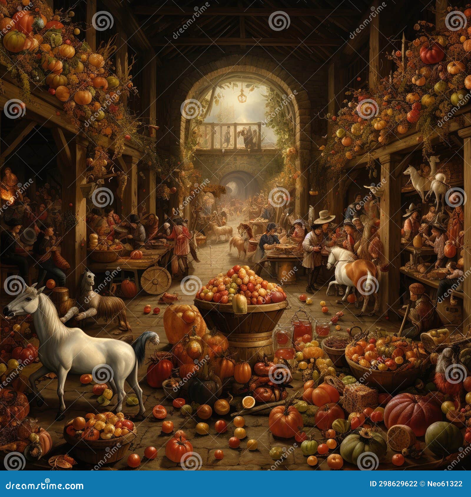 A Medieval Fall Cornucopia Table Overflowing Animal Happy People ...