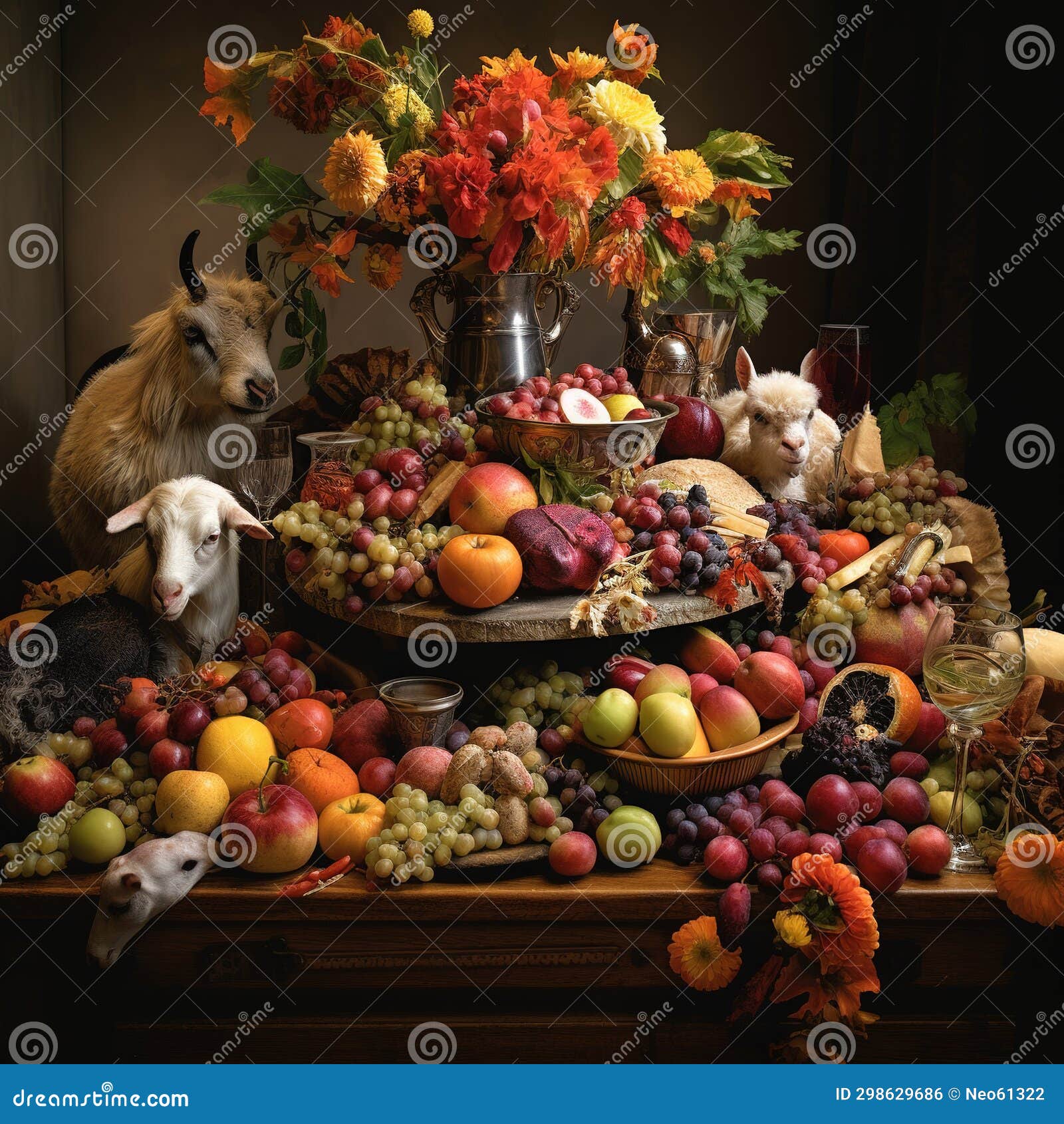 A Medieval Fall Cornucopia Table Overflowing Animal Happy People ...
