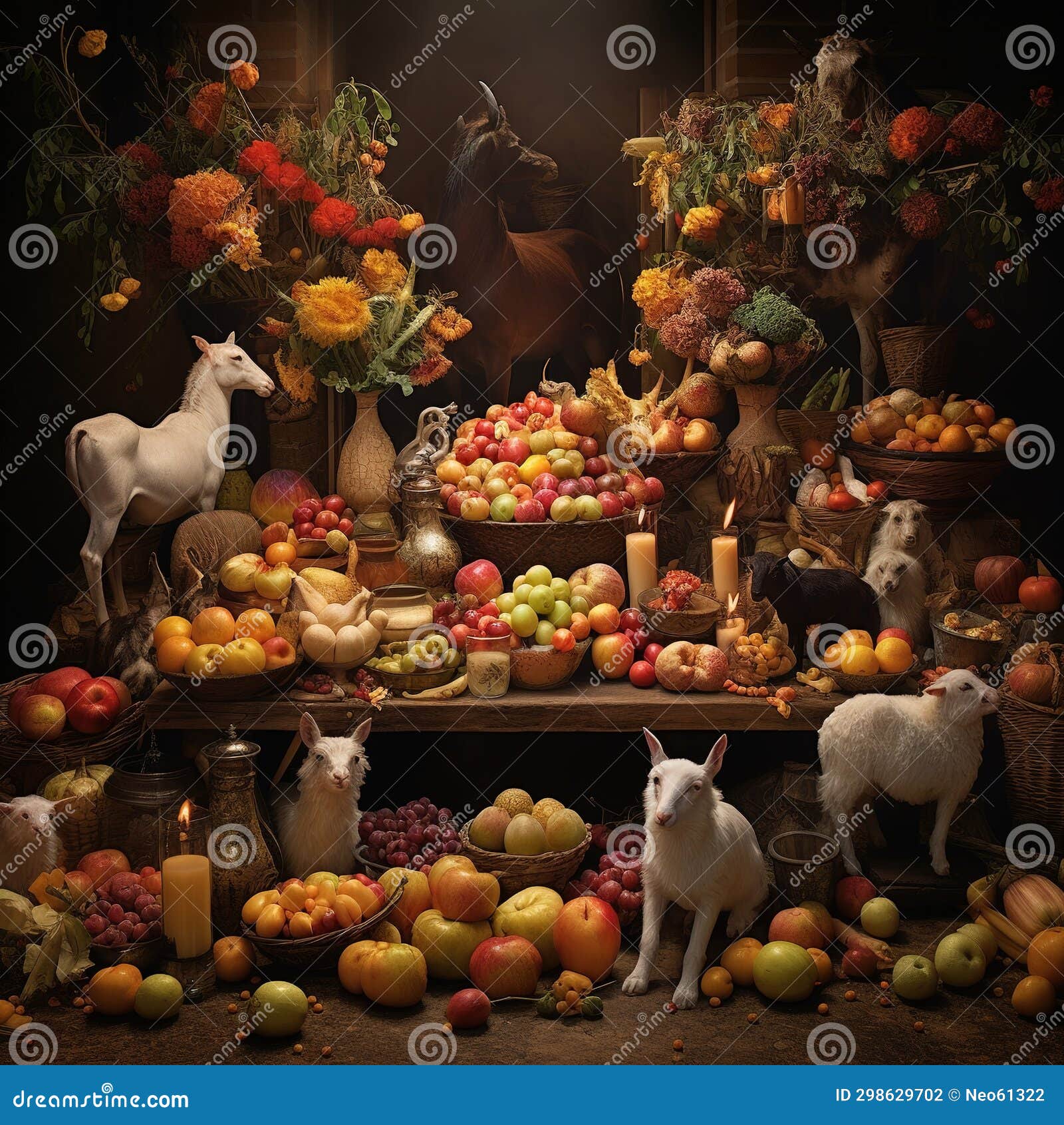 A Medieval Fall Cornucopia Table Overflowing Animal Happy People ...