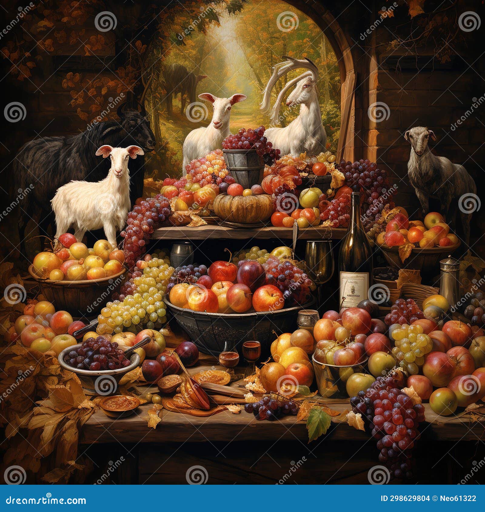 A Medieval Fall Cornucopia Table Overflowing Animal Happy People ...