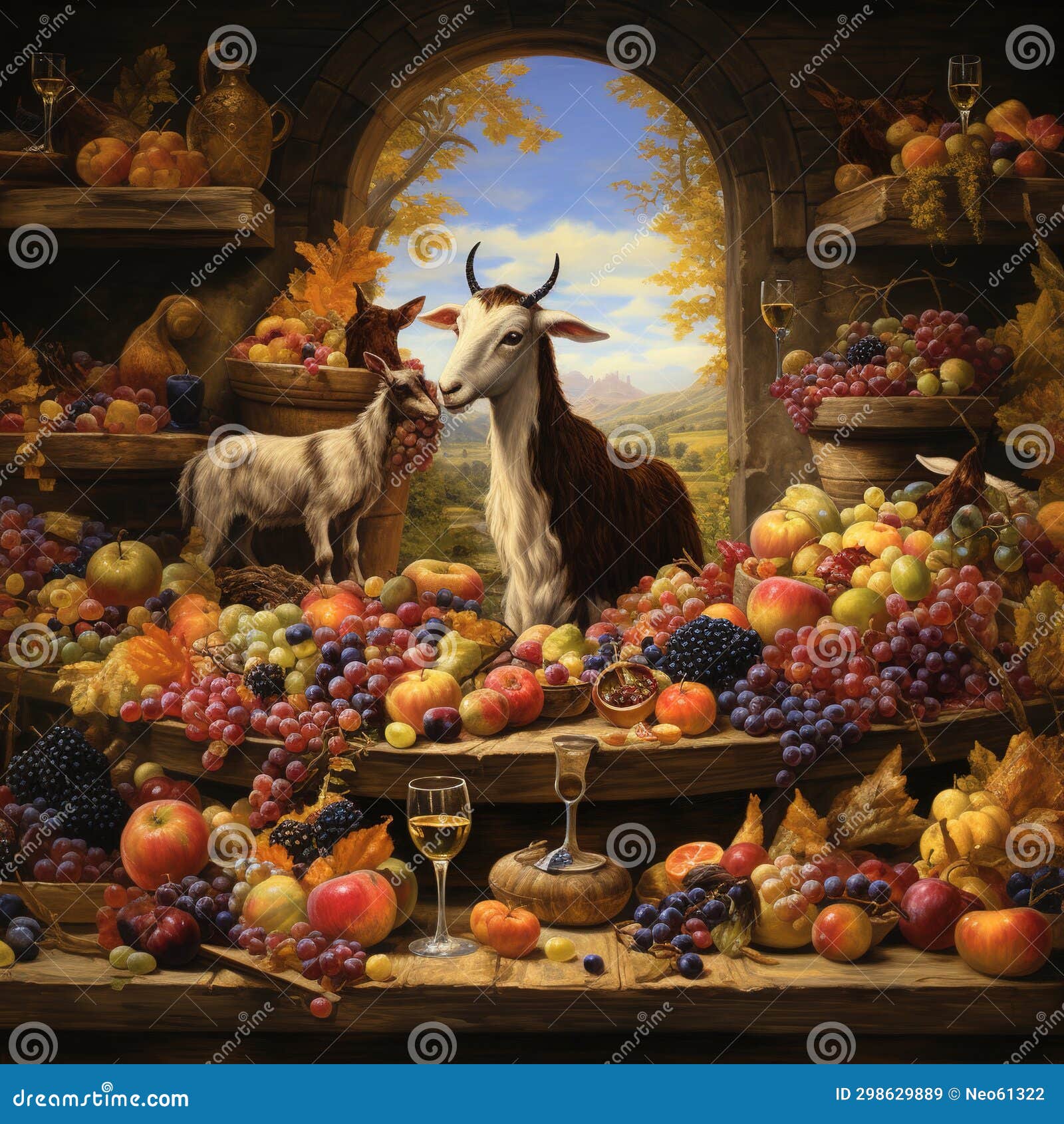 A Medieval Fall Cornucopia Table Overflowing Animal Happy People ...