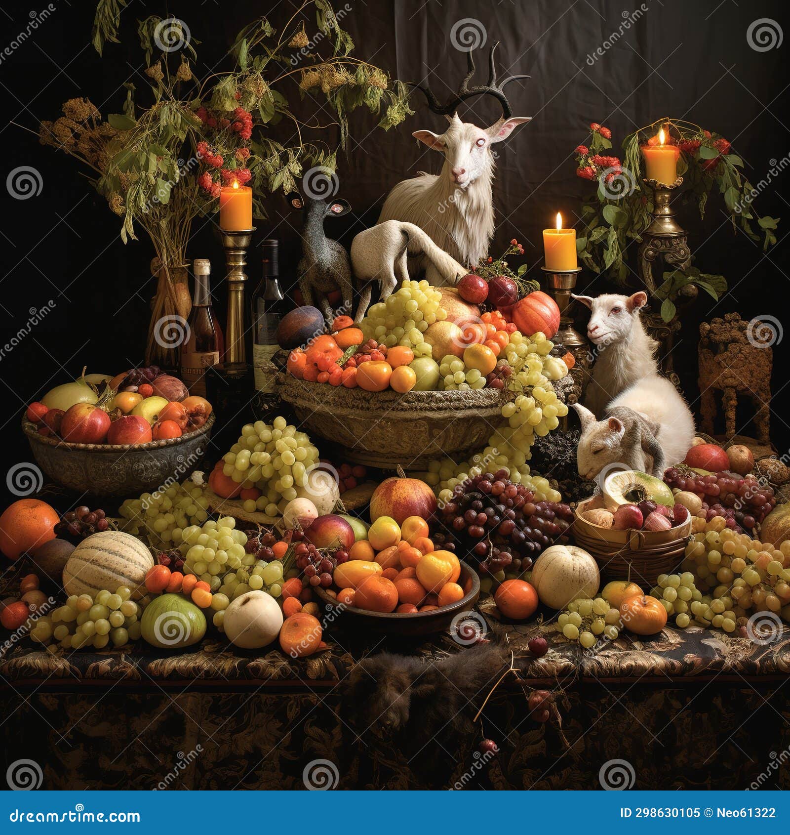 A Medieval Fall Cornucopia Table Overflowing Animal Happy People ...