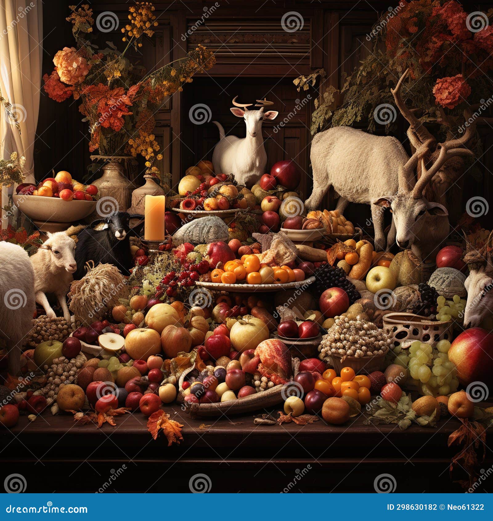 A Medieval Fall Cornucopia Table Overflowing Animal Happy People ...