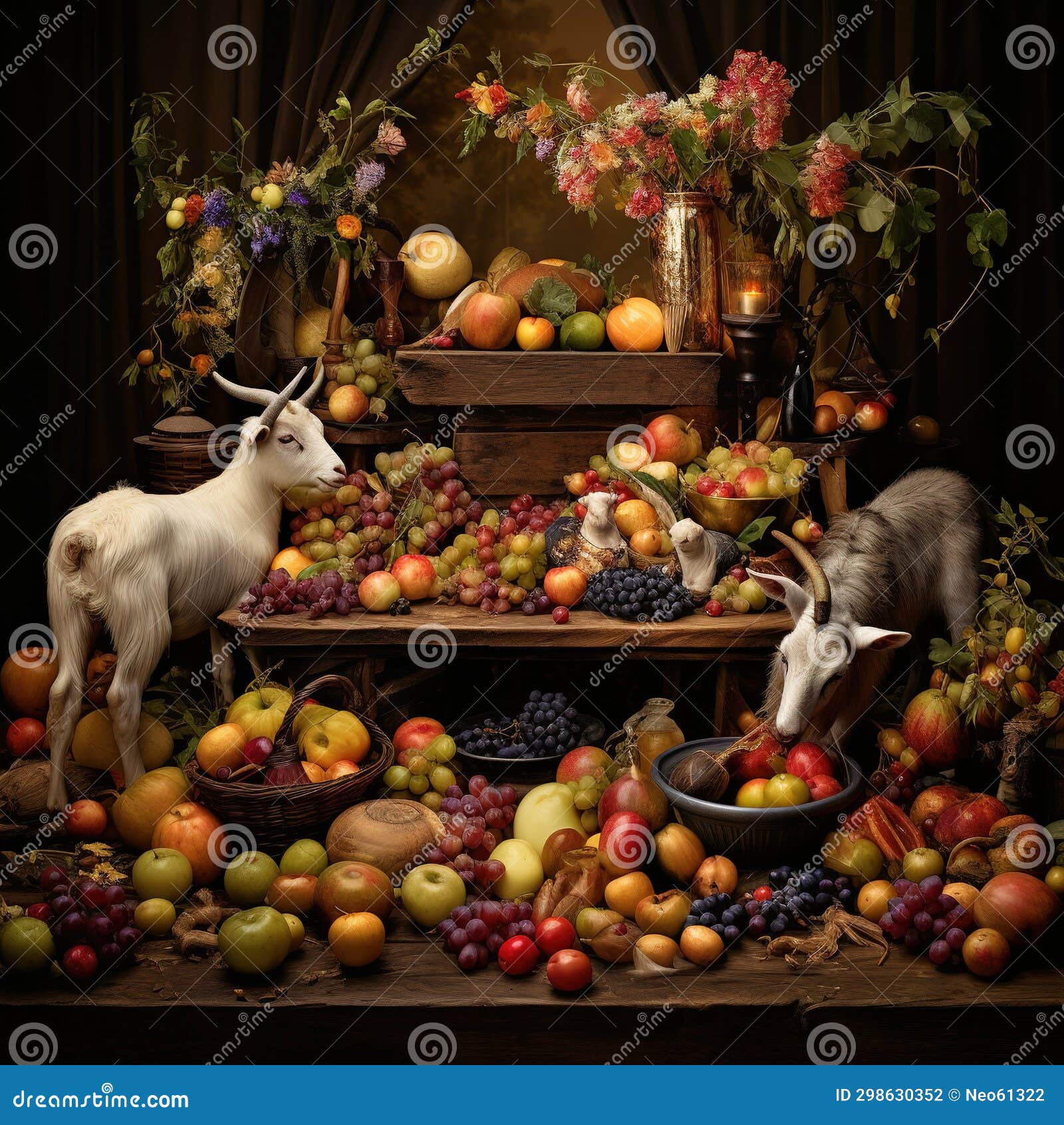 A Medieval Fall Cornucopia Table Overflowing Animal Happy People ...