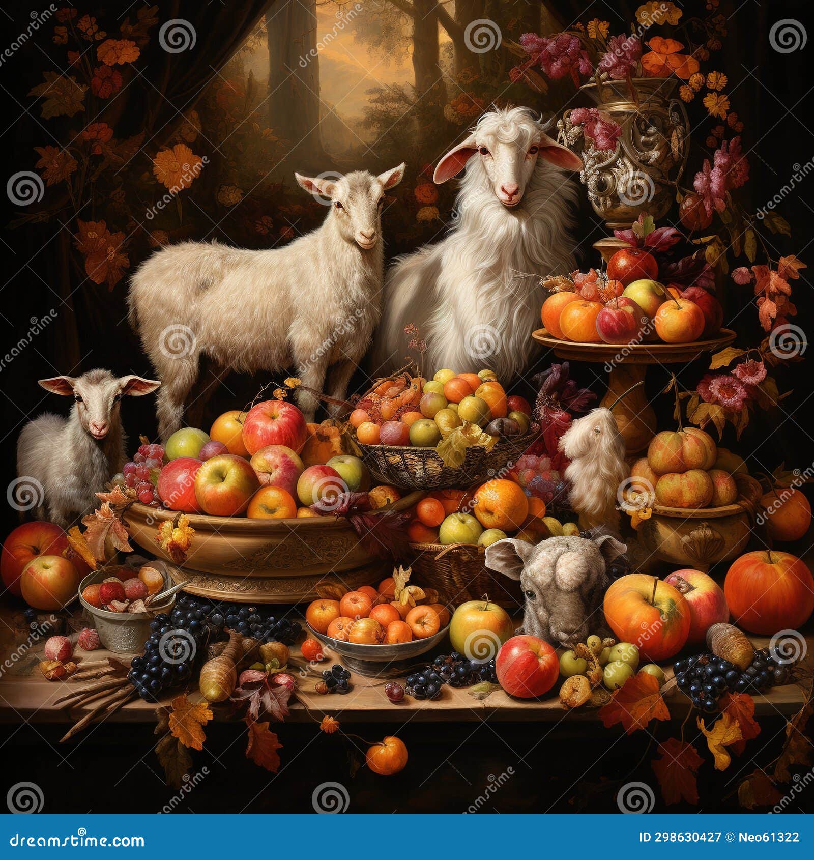A Medieval Fall Cornucopia Table Overflowing Animal Happy People ...