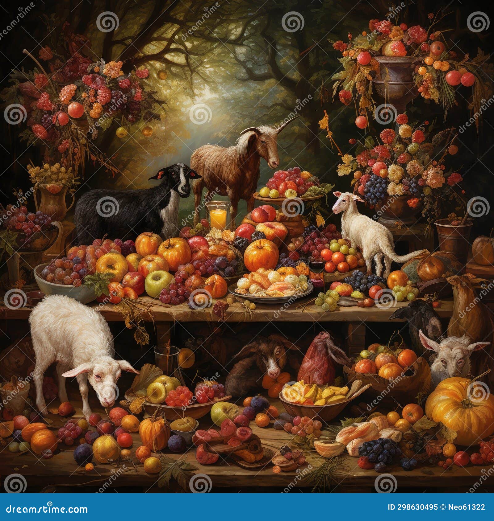 A Medieval Fall Cornucopia Table Overflowing Animal Happy People ...