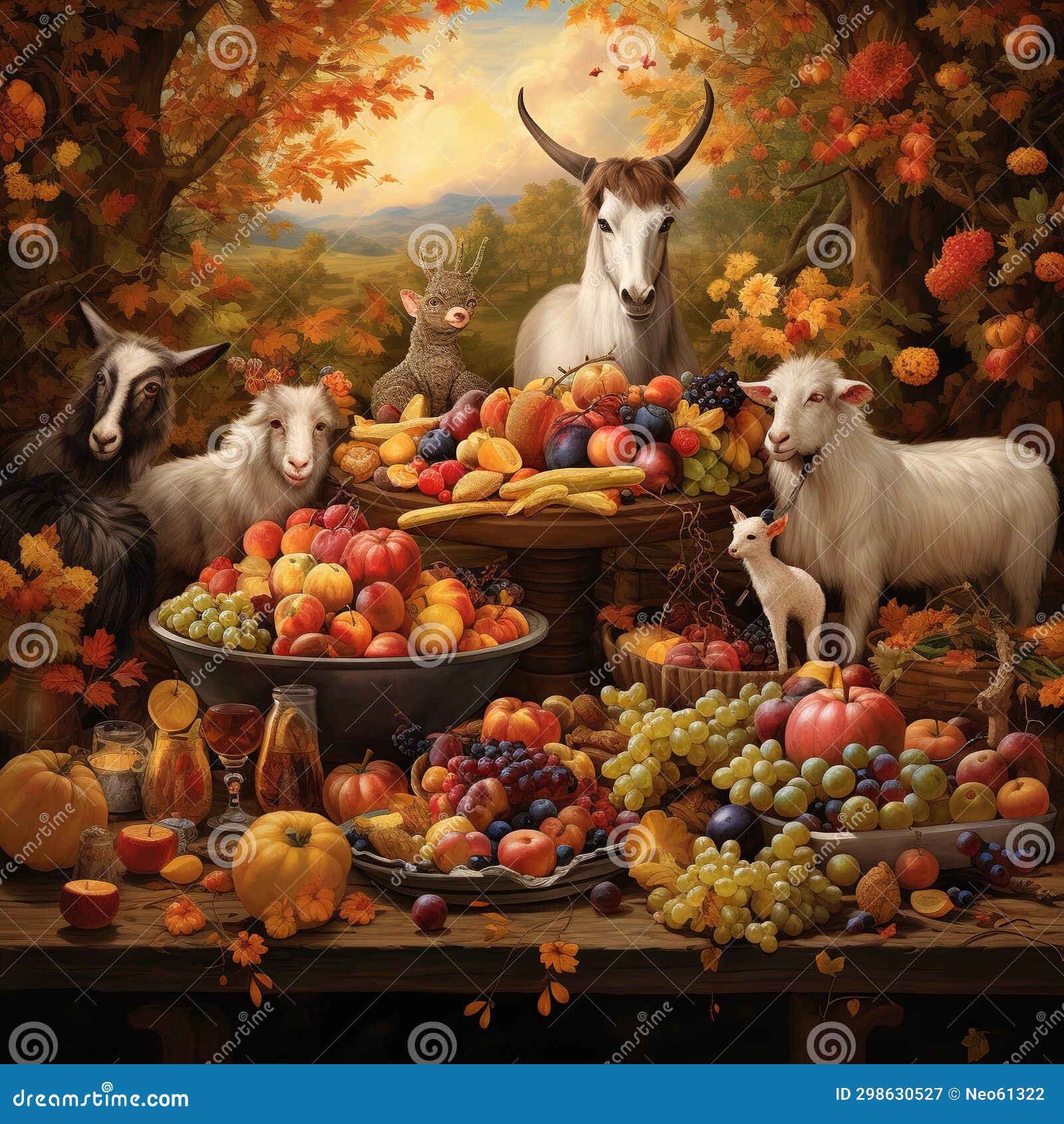 A Medieval Fall Cornucopia Table Overflowing Animal Happy People ...