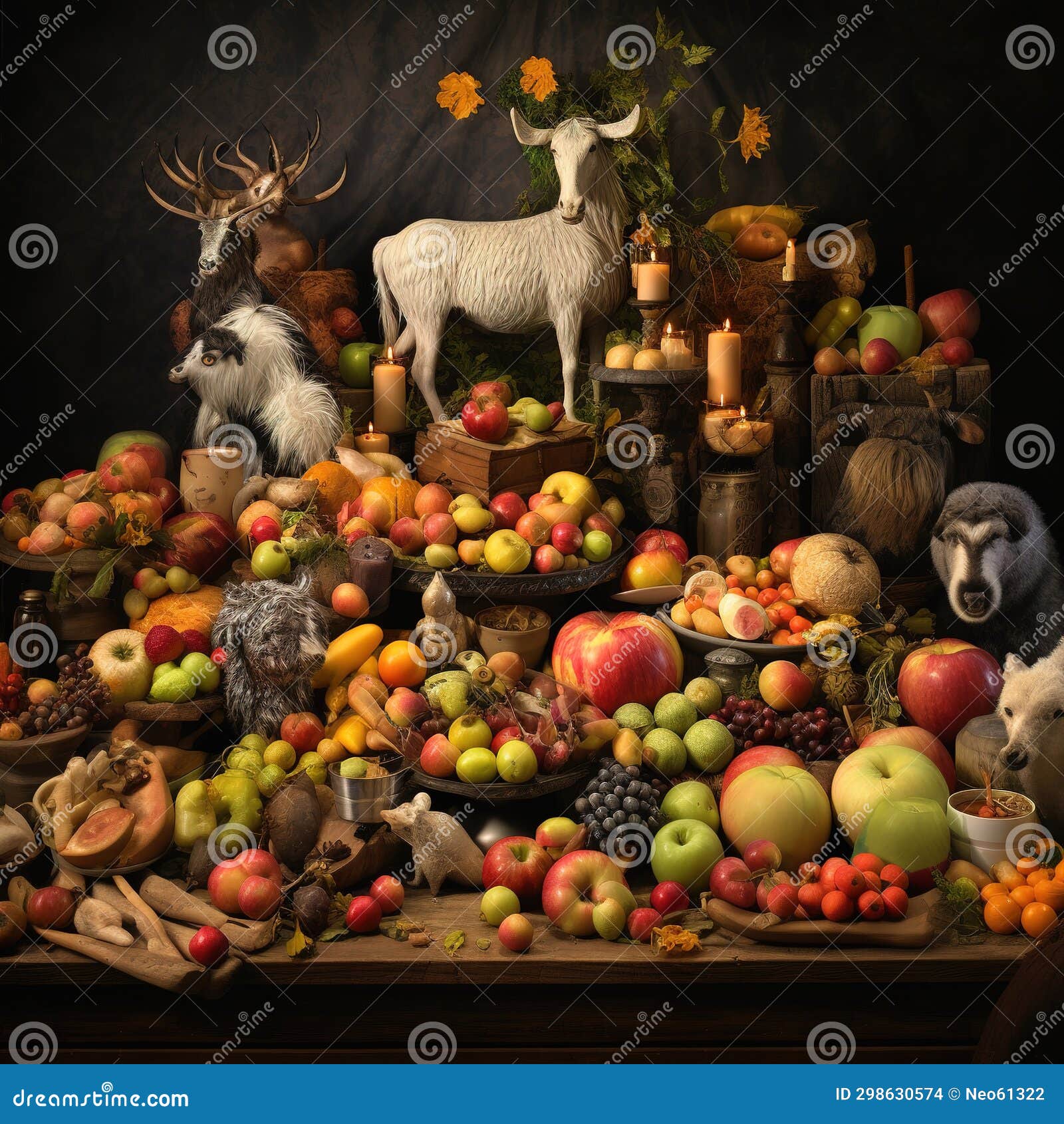 A Medieval Fall Cornucopia Table Overflowing Animal Happy People ...