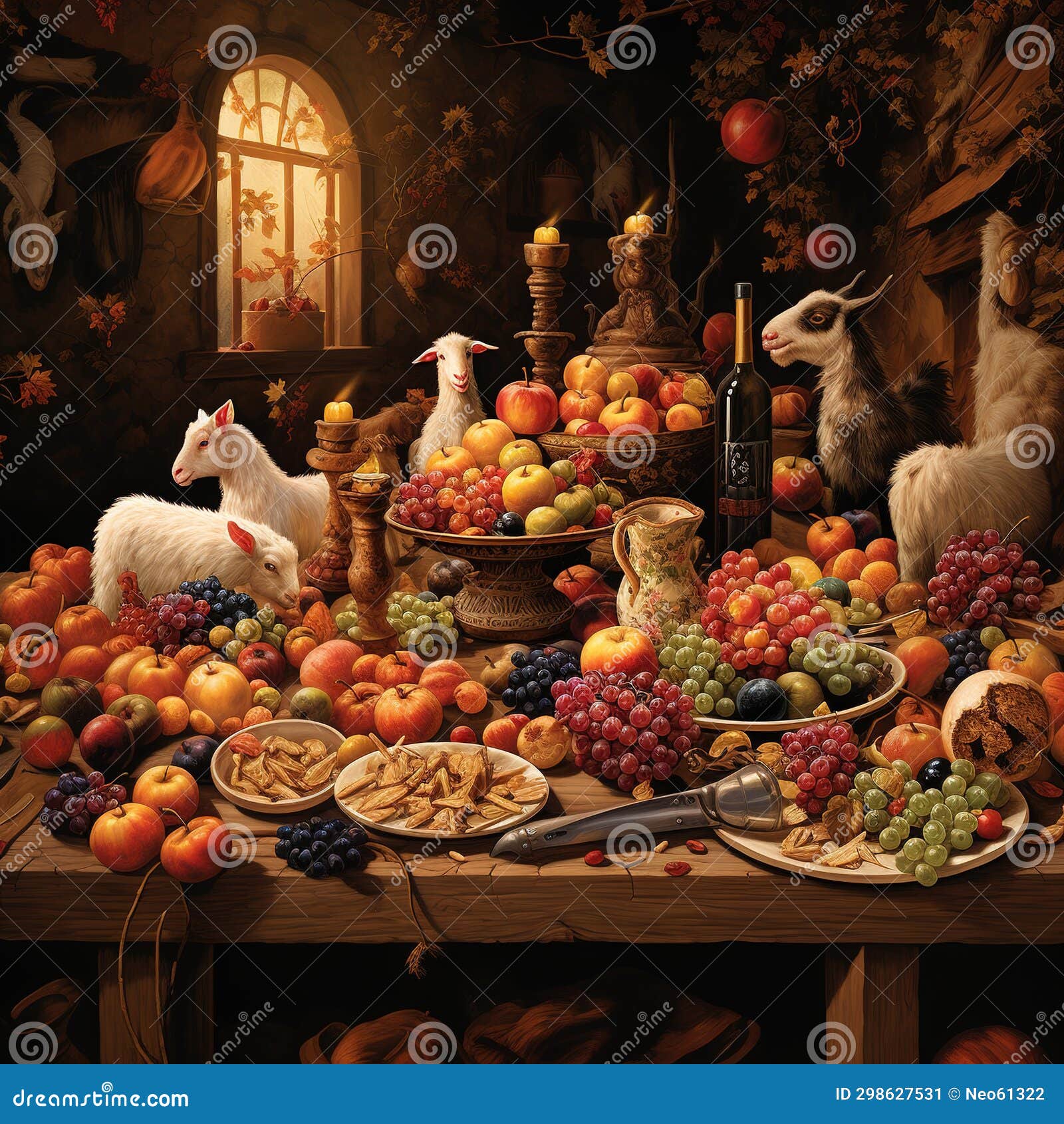 A Medieval Fall Cornucopia Table Overflowing Animal Happy People ...