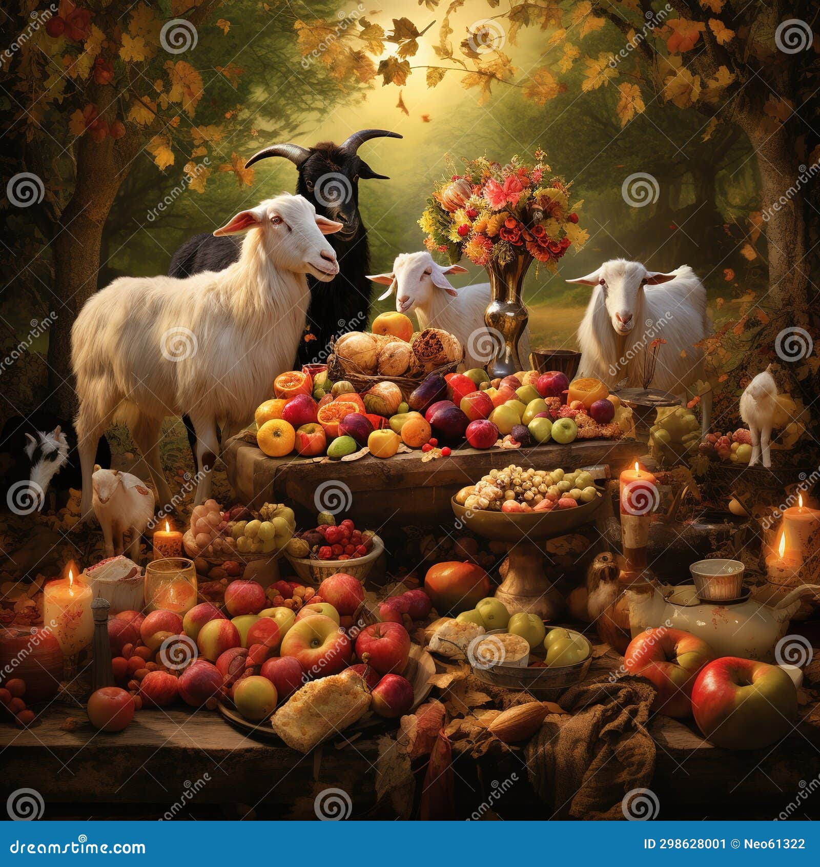 A Medieval Fall Cornucopia Table Overflowing Animal Happy People ...