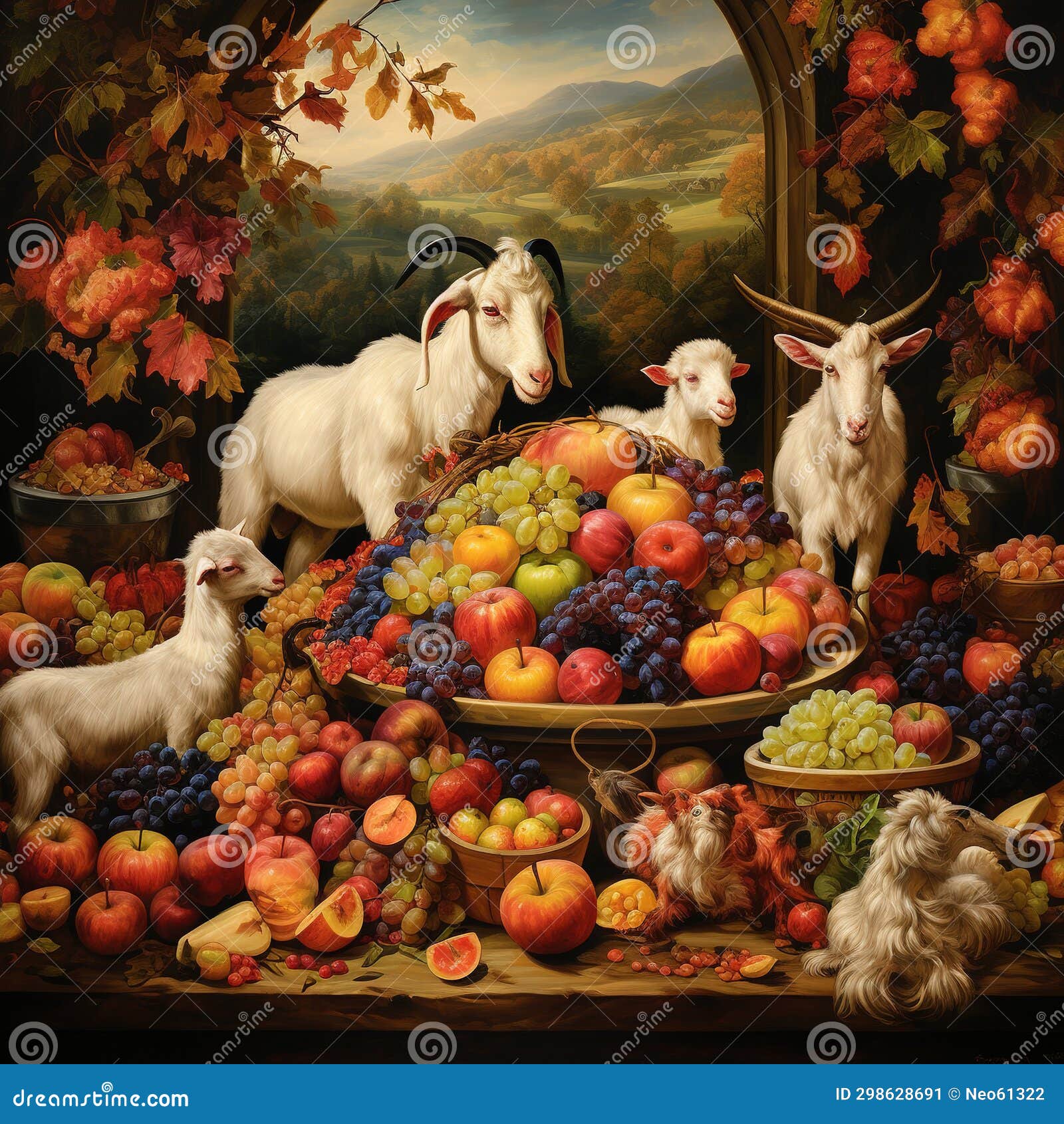 A Medieval Fall Cornucopia Table Overflowing Animal Happy People ...