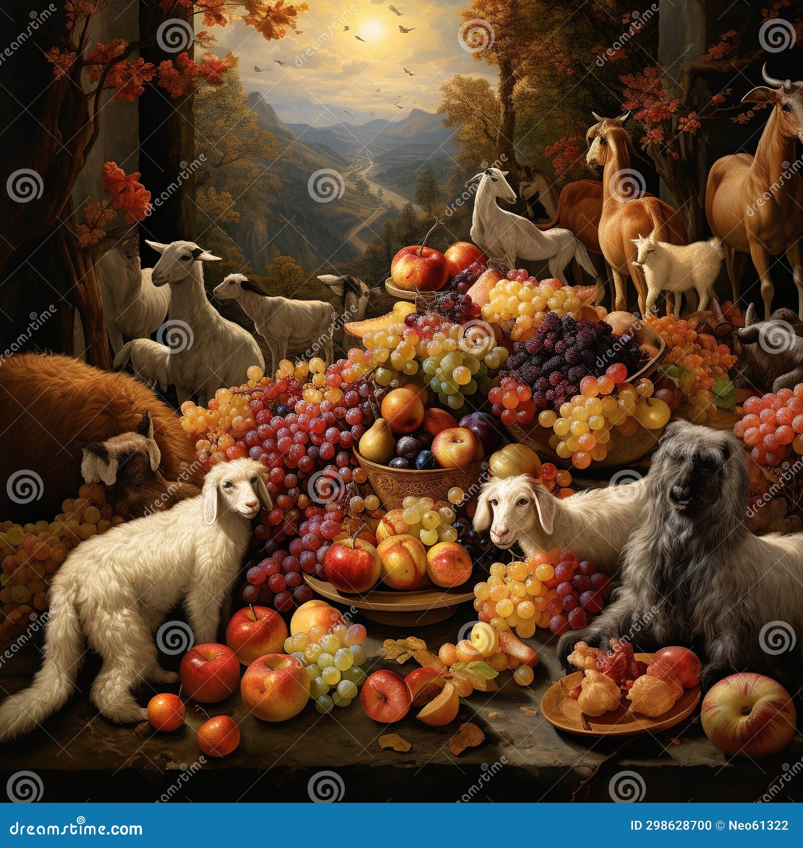 A Medieval Fall Cornucopia Table Overflowing Animal Happy People ...