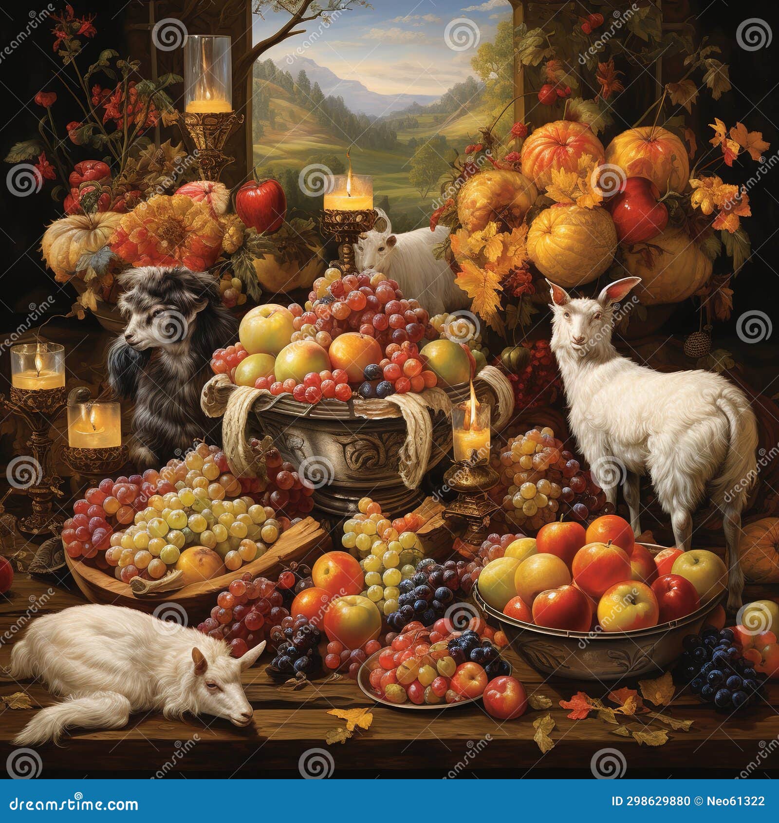 A Medieval Fall Cornucopia Table Overflowing Animal Happy People ...