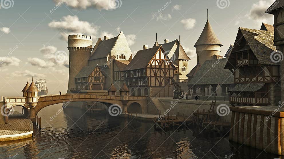 Medieval or Fantasy Docks stock illustration. Illustration of clouds ...