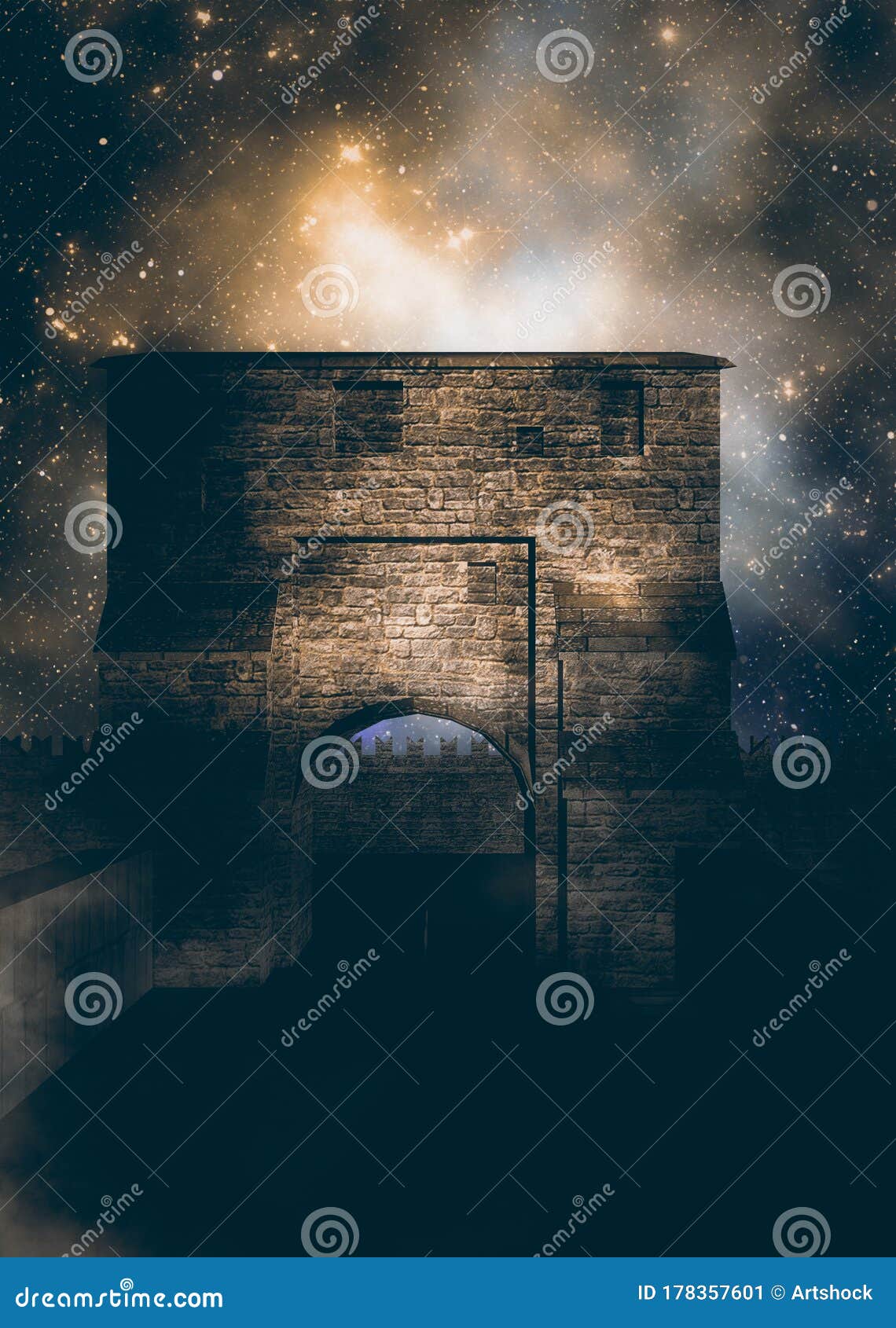 Medieval Fortress Over Starry Sky Stock Illustration - Illustration of ...
