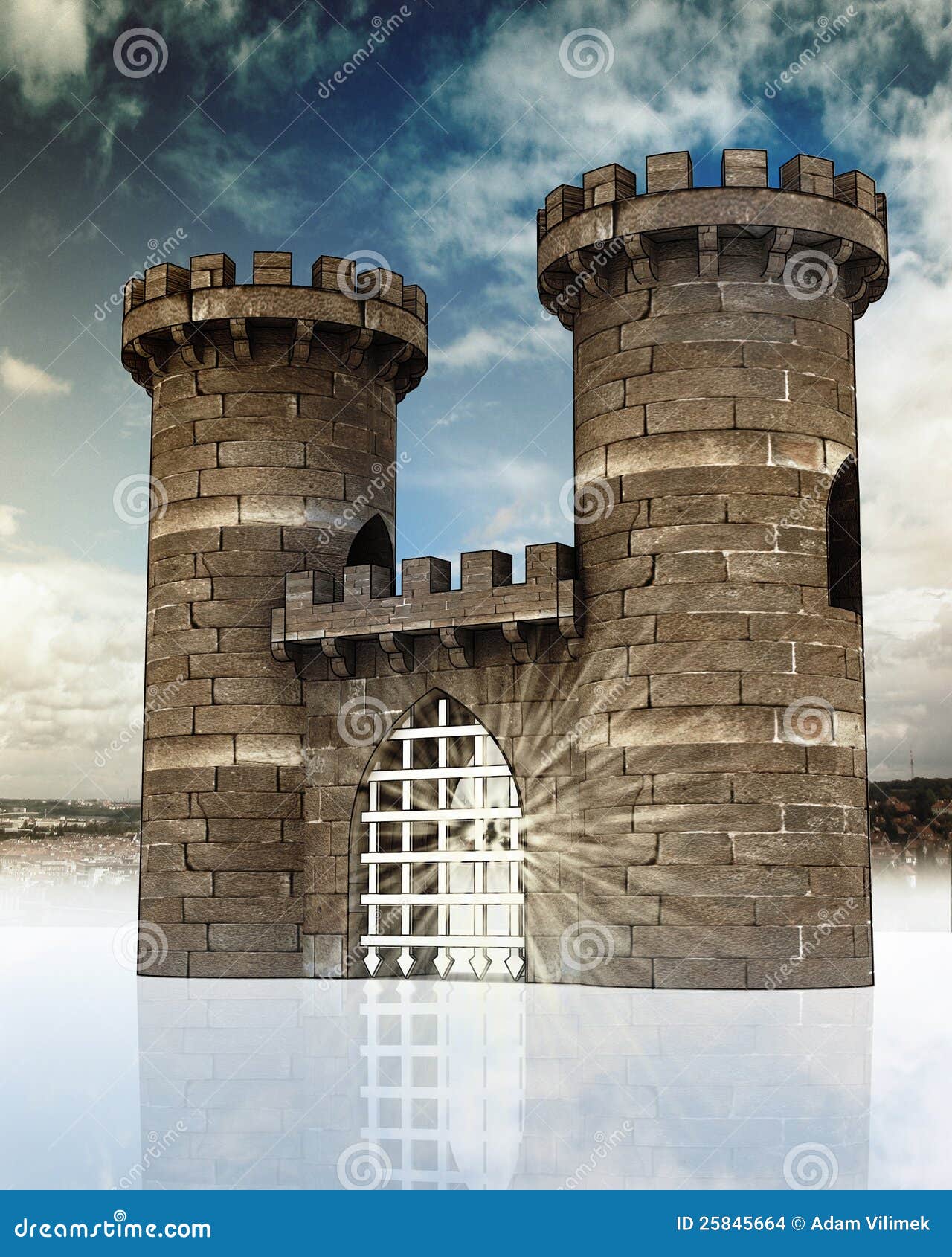 Medieval Gate with Closed Lattice and Guard Towers Stock Illustration ...