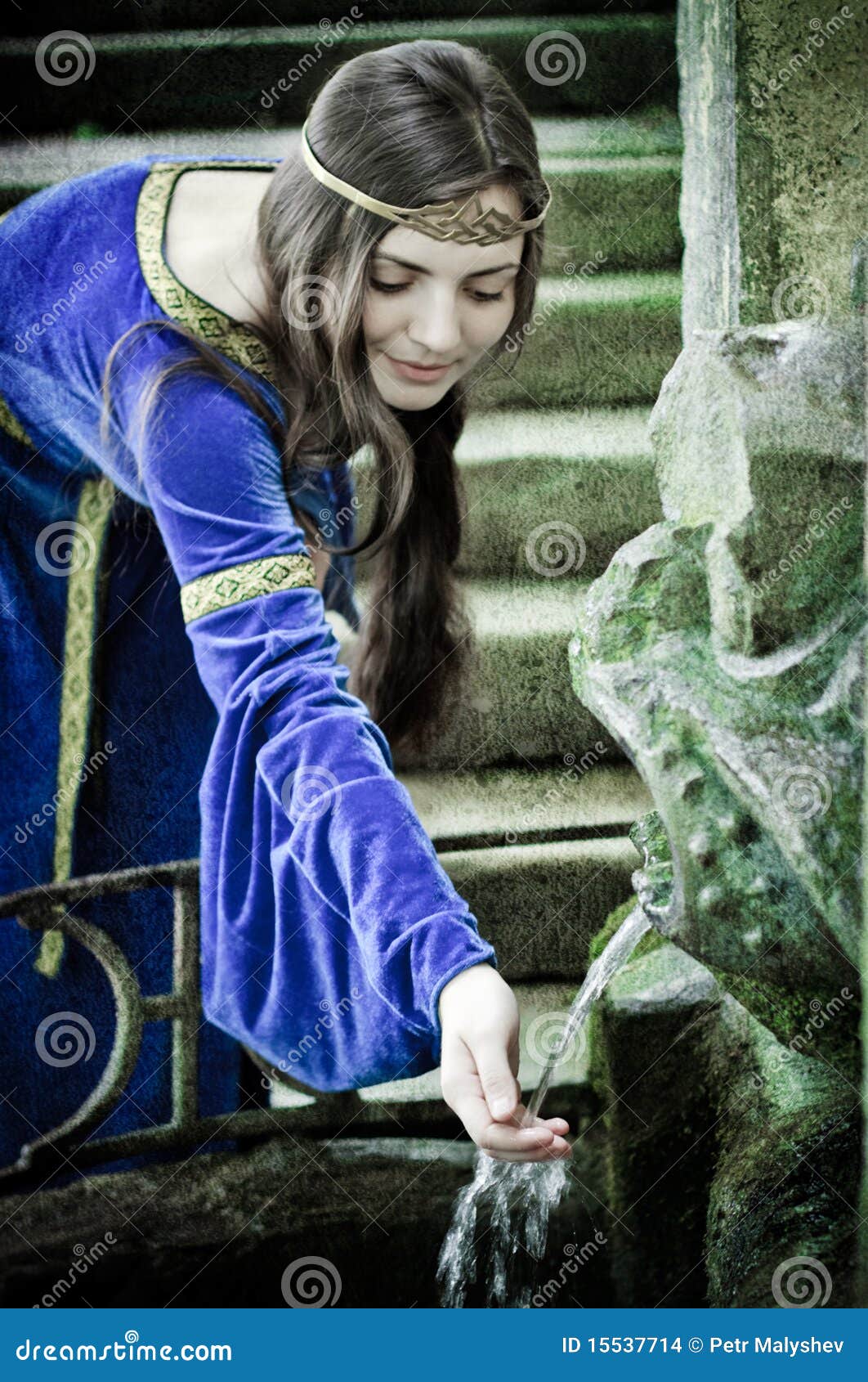 Medieval Girl Next Ancient Spring Stock Photo - Image of cheerful, hair ...