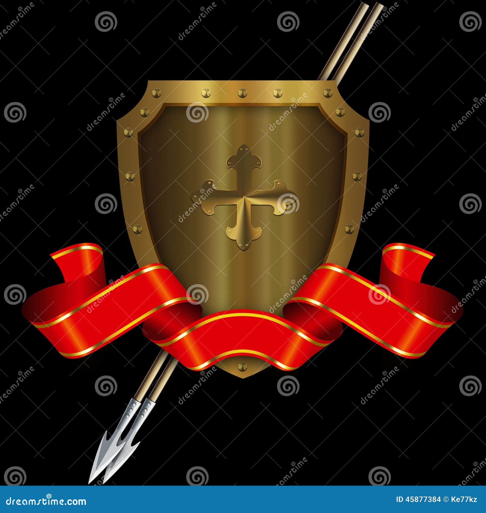 Medieval Gold Shield with Cross and Red Ribbon. Stock Illustration ...