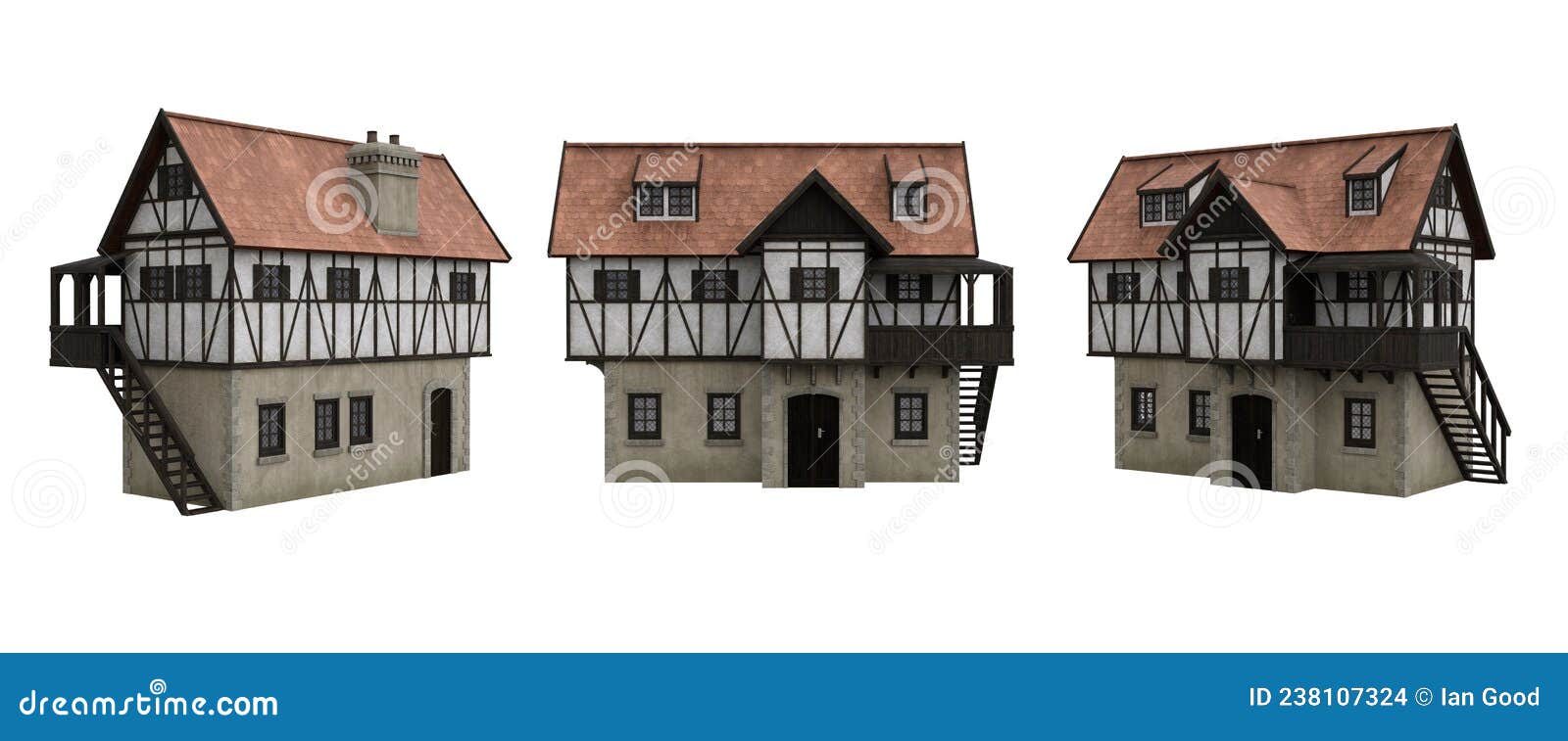 Medieval Half Timber House with Stairs on the Side. 3D Rendering with 3 ...