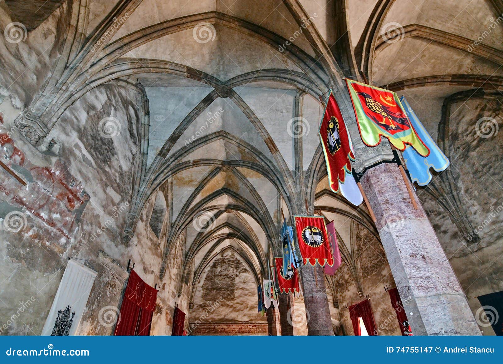 Medieval Hall stock image. Image of flag, corvinesti - 74755147