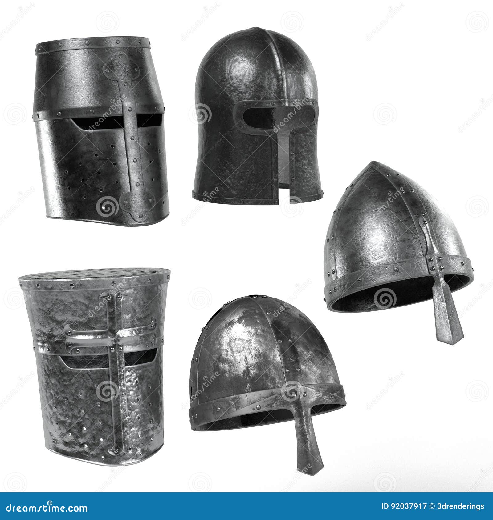 Six Medieval Helmets Illustrated Various Colors Designs, Helmet ...