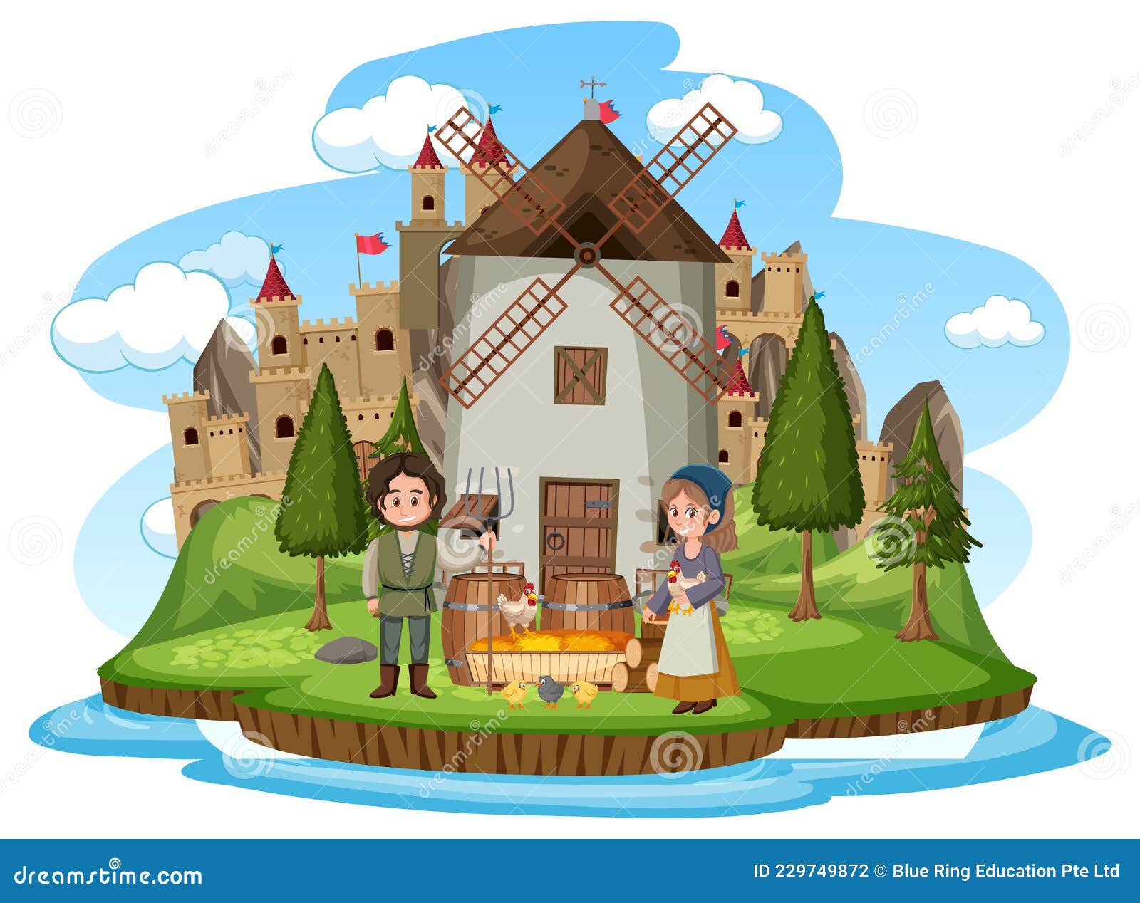 Medieval House with Windmill and Villagers Stock Vector - Illustration ...