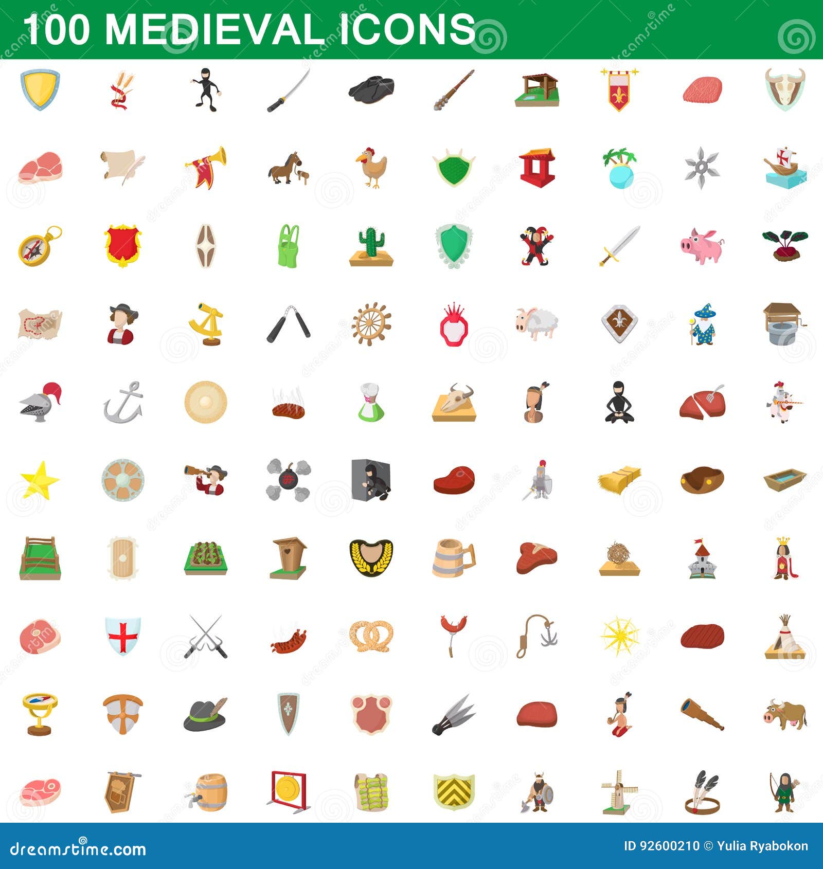 100 Medieval Icons Set, Cartoon Style Stock Vector - Illustration of ...