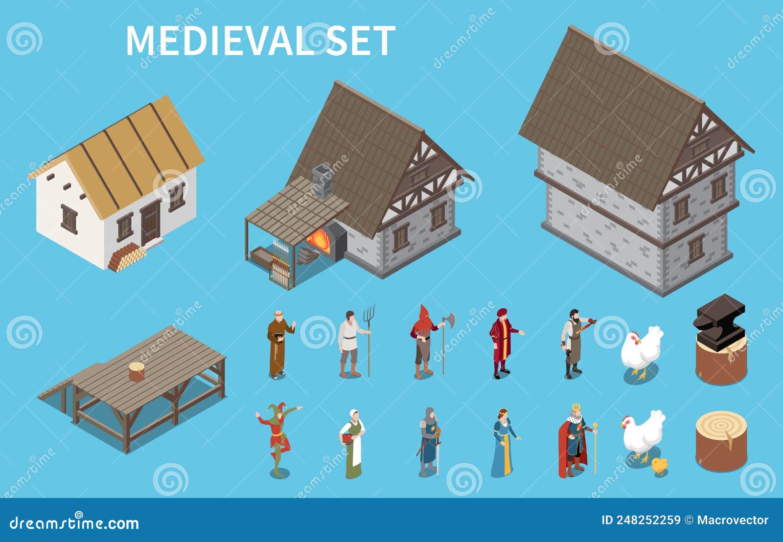 Medieval Isometric Characters. Knight Dragon Man Royal Ancient Priest ...