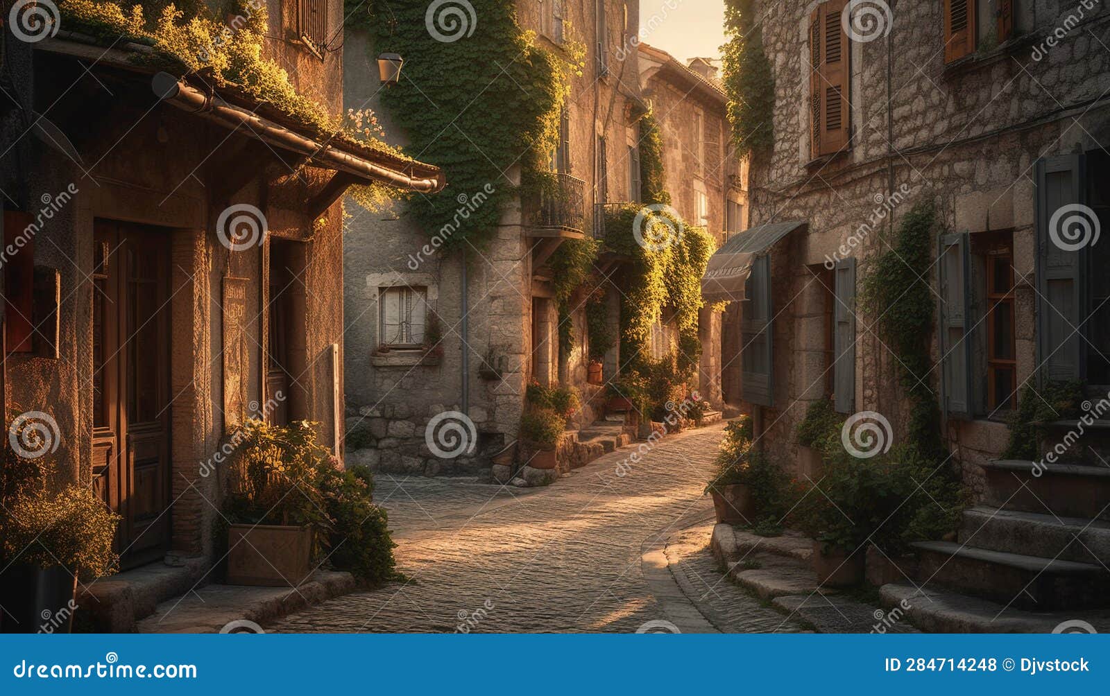 Medieval Italian Architecture Illuminated by Lanterns on Cobblestone ...