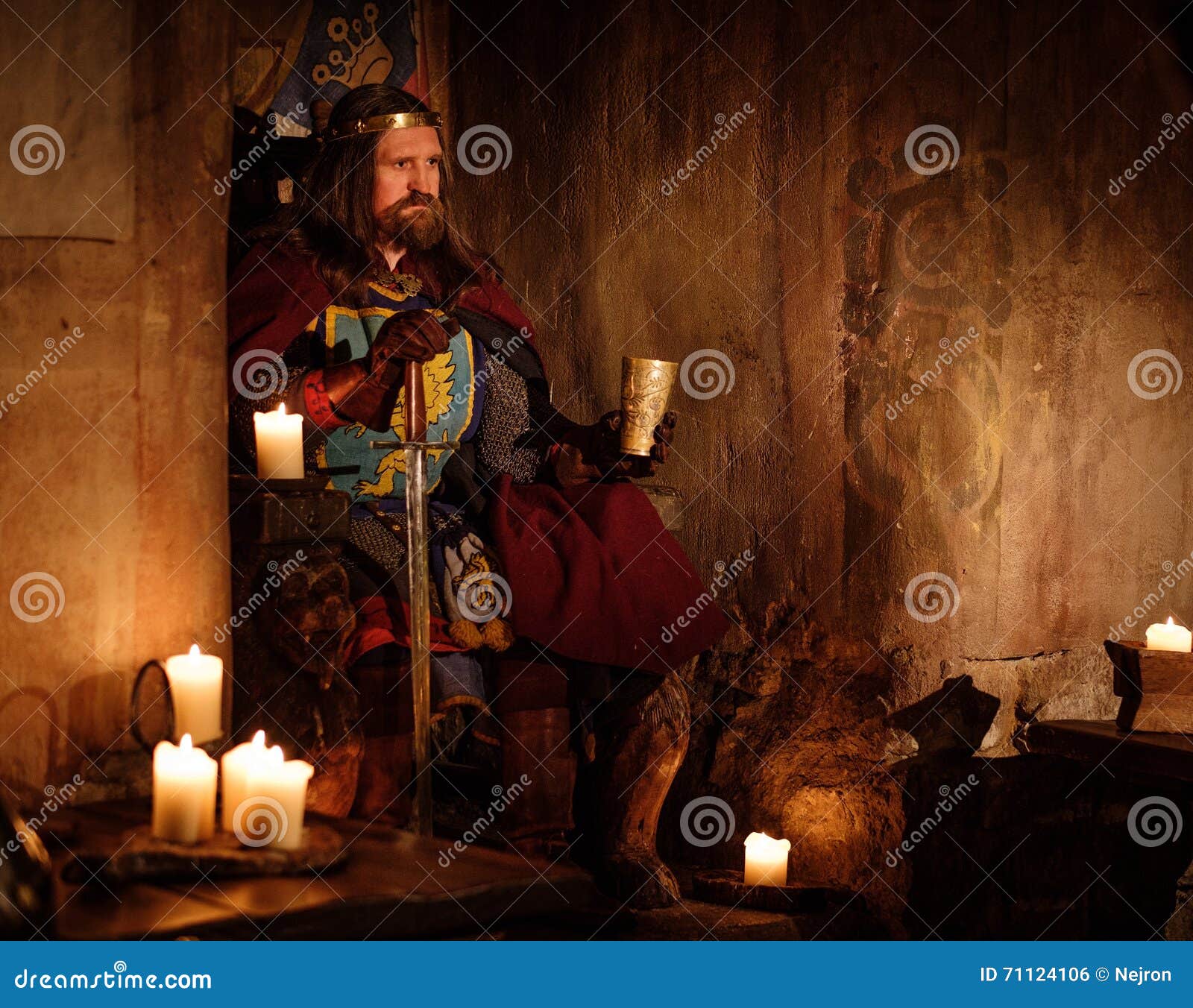 Medieval King with Goblet of Wine on the Throne in Ancient Castle ...
