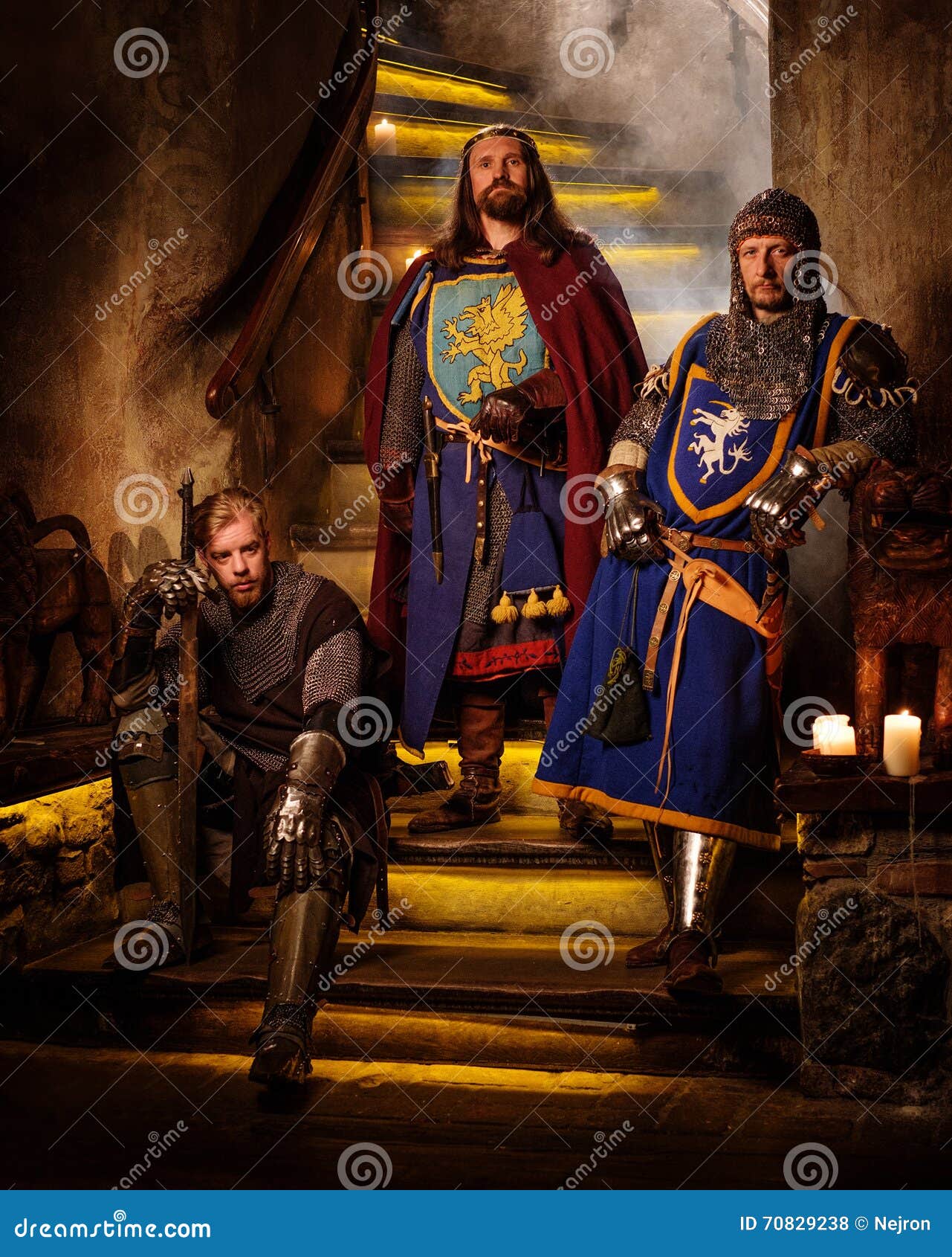 Medieval King with His Knights in Ancient Castle Interior. Stock Photo ...