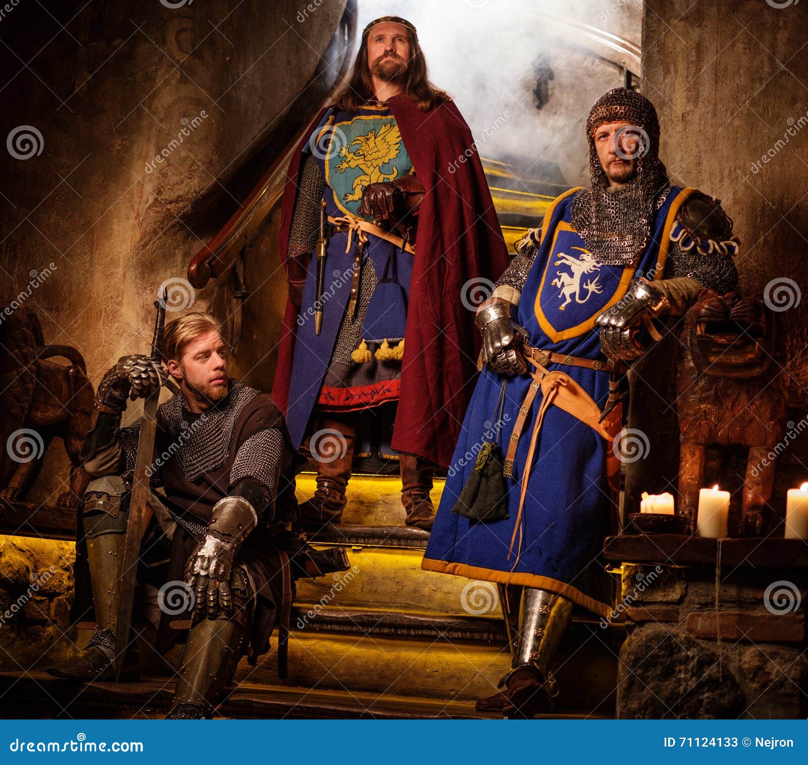 Medieval King with His Knights in Ancient Castle Interior. Stock Image ...