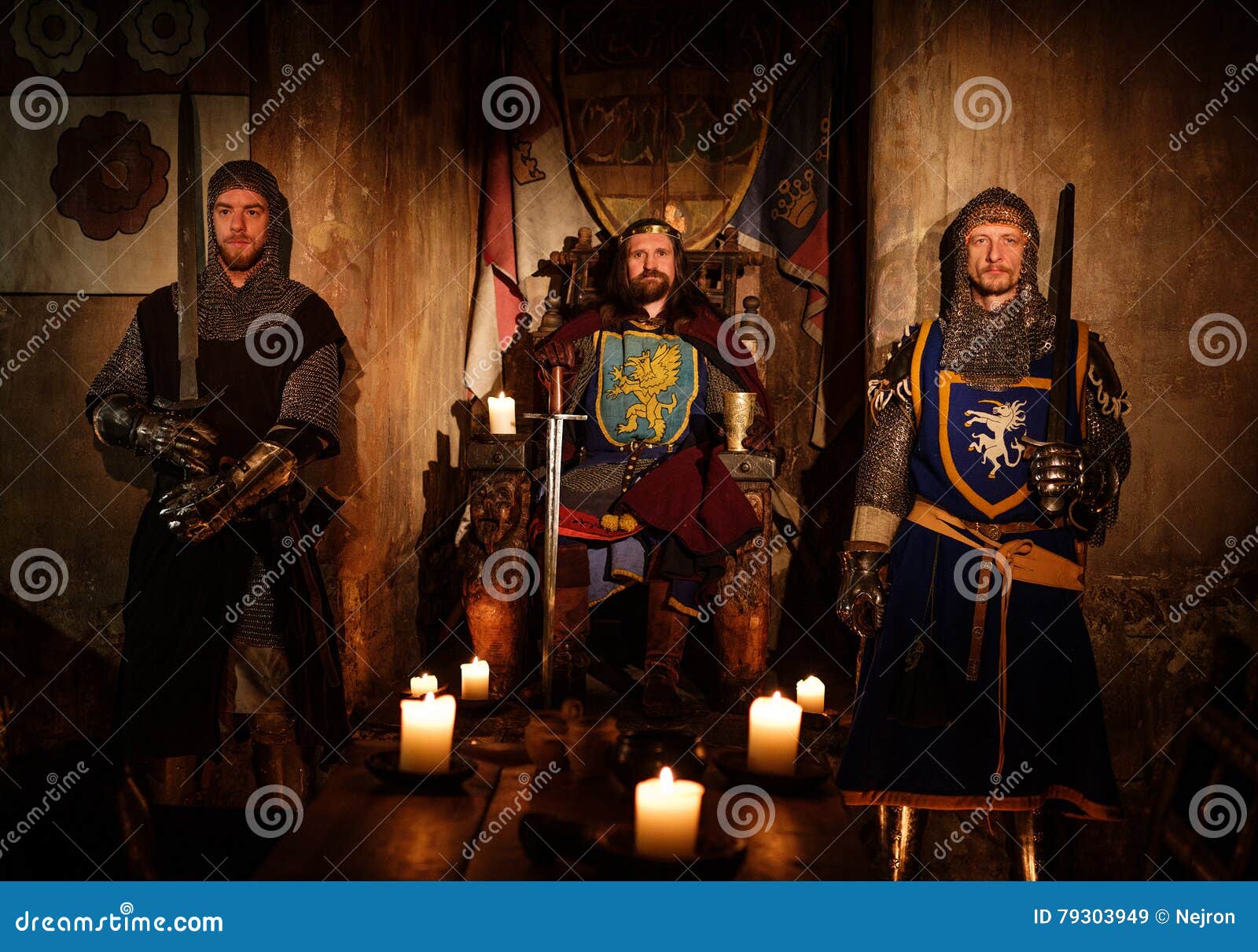 Medieval King with His Knights in Ancient Castle Interior Stock Image ...