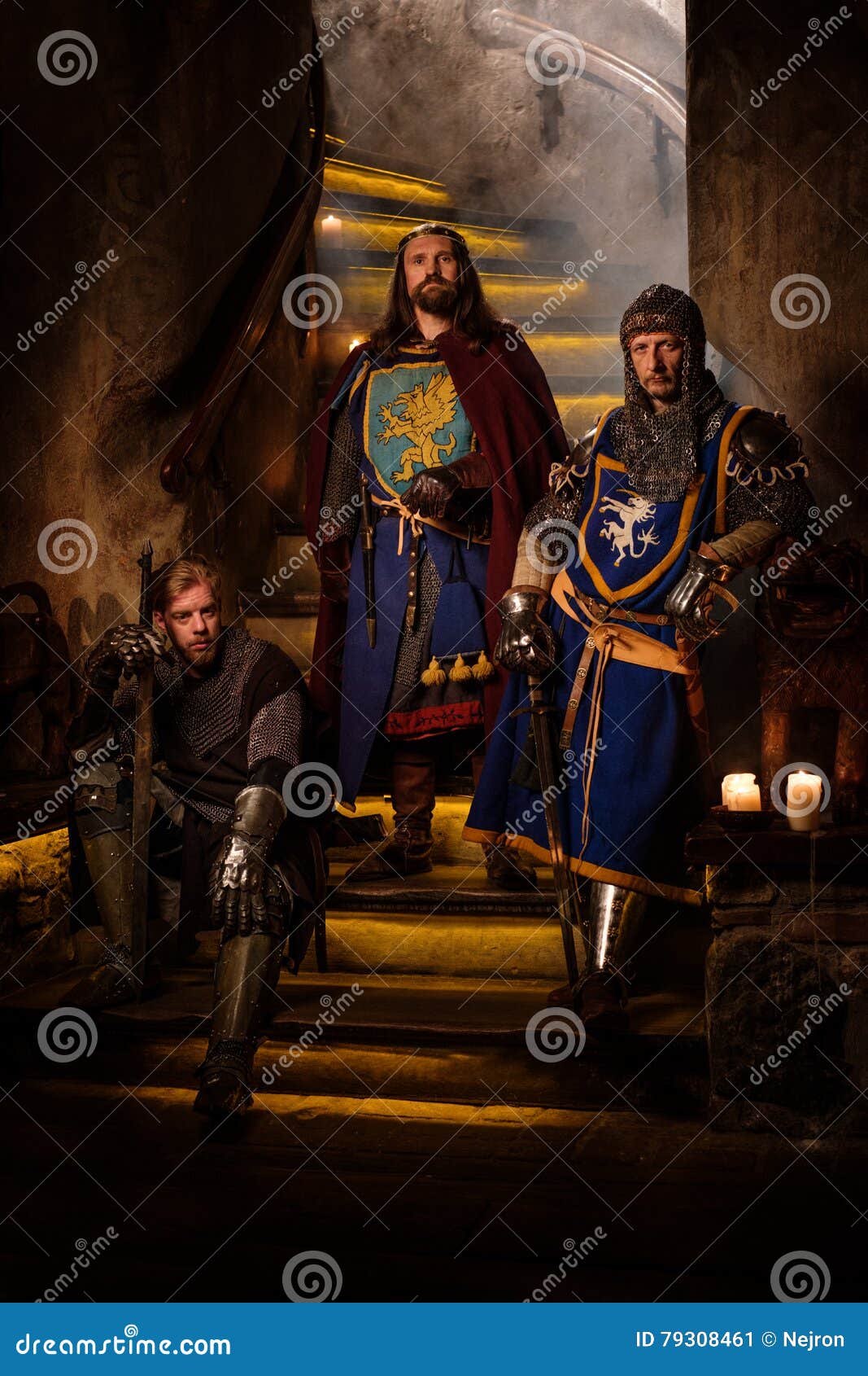 Medieval King with His Knights in Ancient Castle Interior Stock Image ...