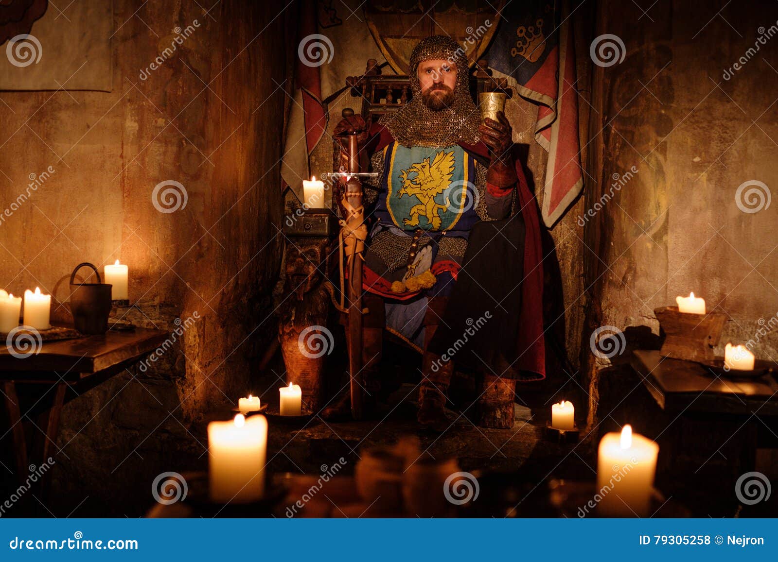 Medieval King on Throne in Ancient Castle Interior. Stock Photo - Image ...