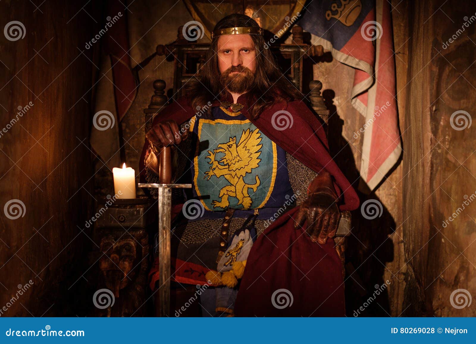 Medieval King on Throne in Ancient Castle Interior. Stock Photo - Image ...