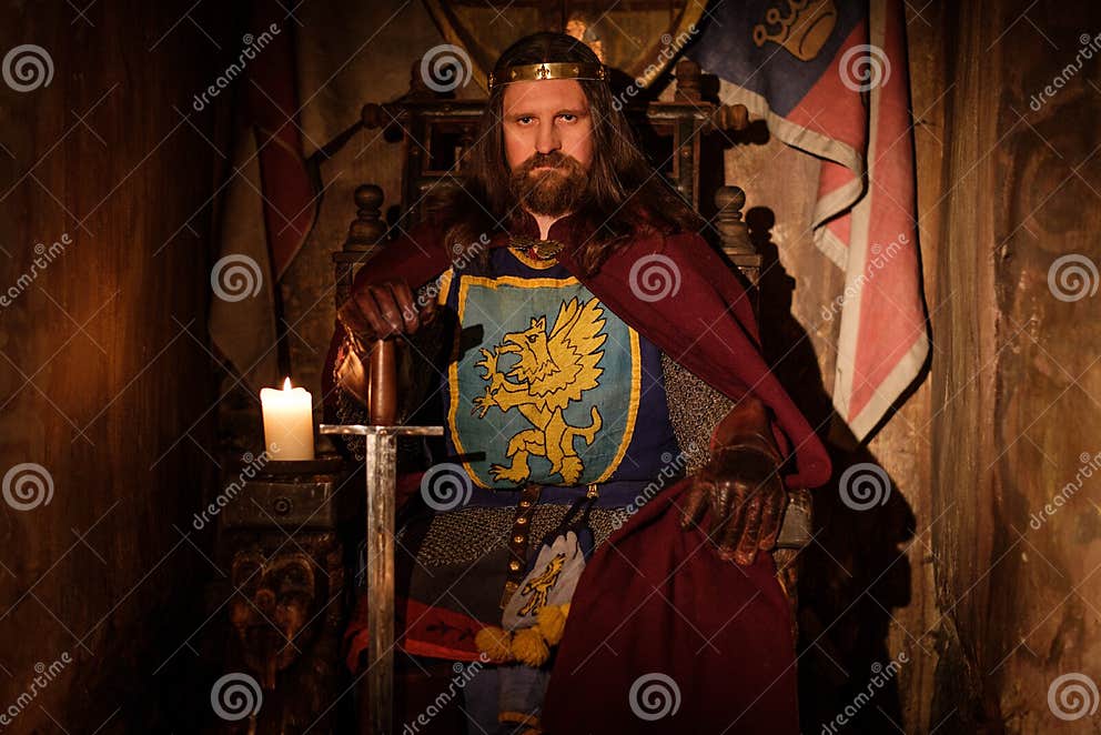 Medieval King on Throne in Ancient Castle Interior. Stock Photo - Image ...