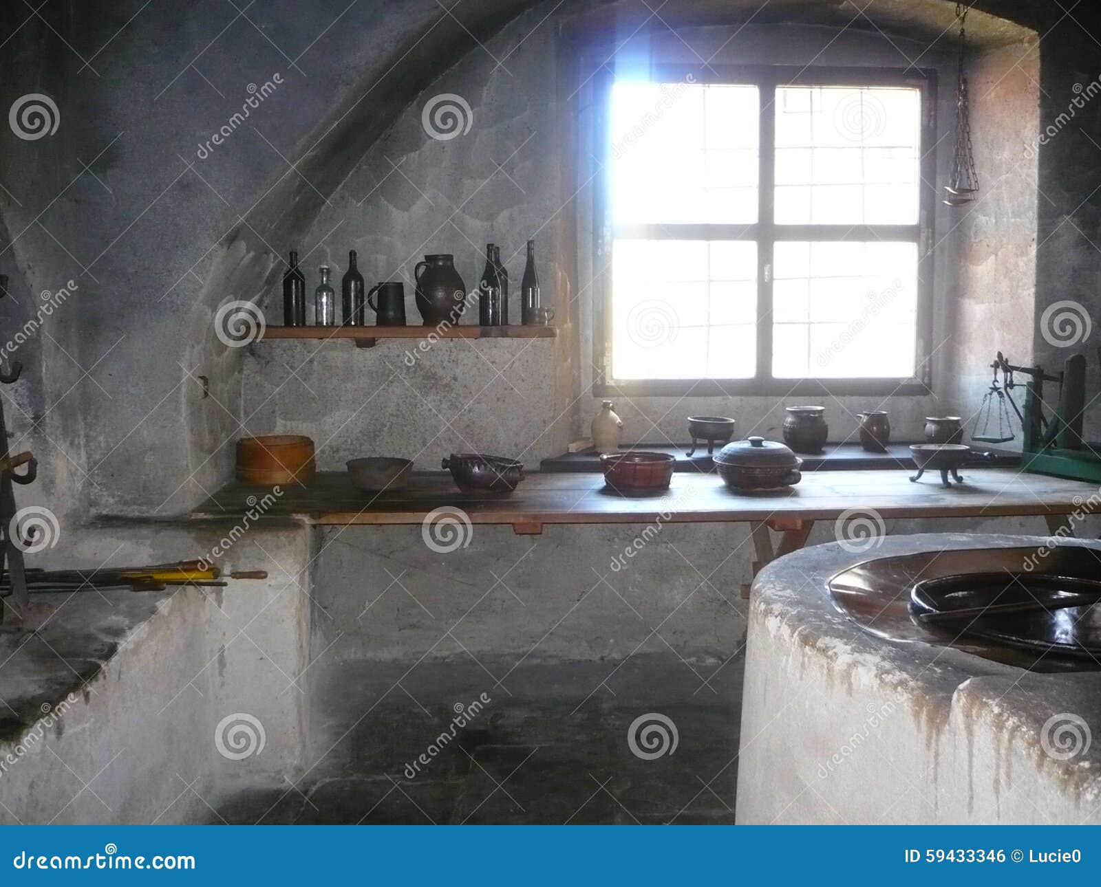 Medieval kitchen stock photo. Image of dishware, wall - 59433346
