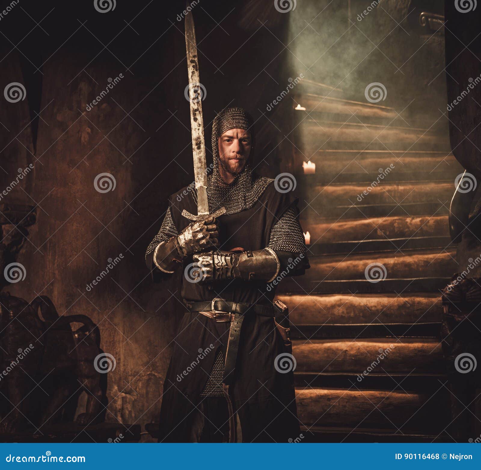 Medieval Knight in Ancient Castle Interior. Stock Photo - Image of ...