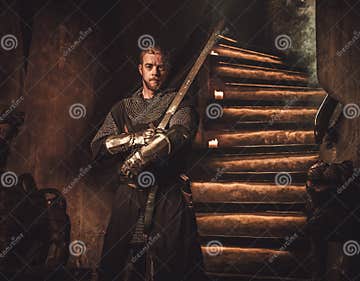 Medieval Knight in Ancient Castle Interior. Stock Photo - Image of ...