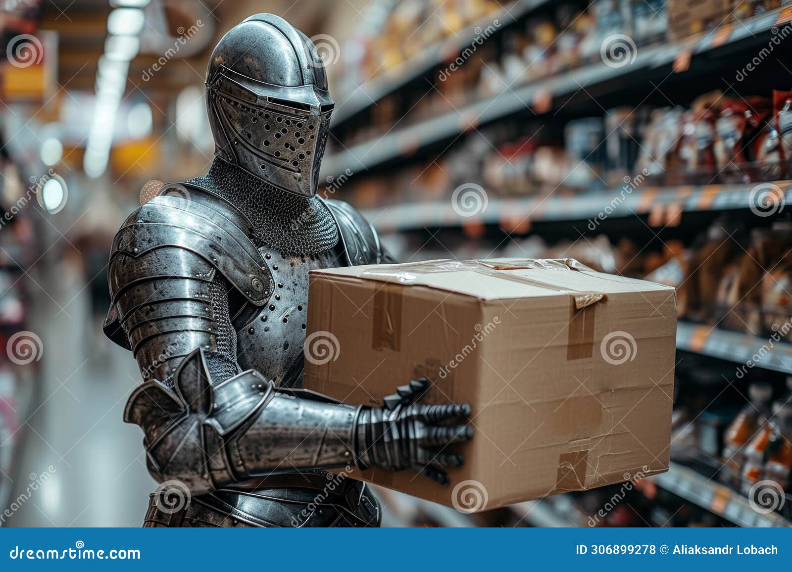 A Medieval Knight in Armor Stands with a Cardboard Box in a Store Stock ...