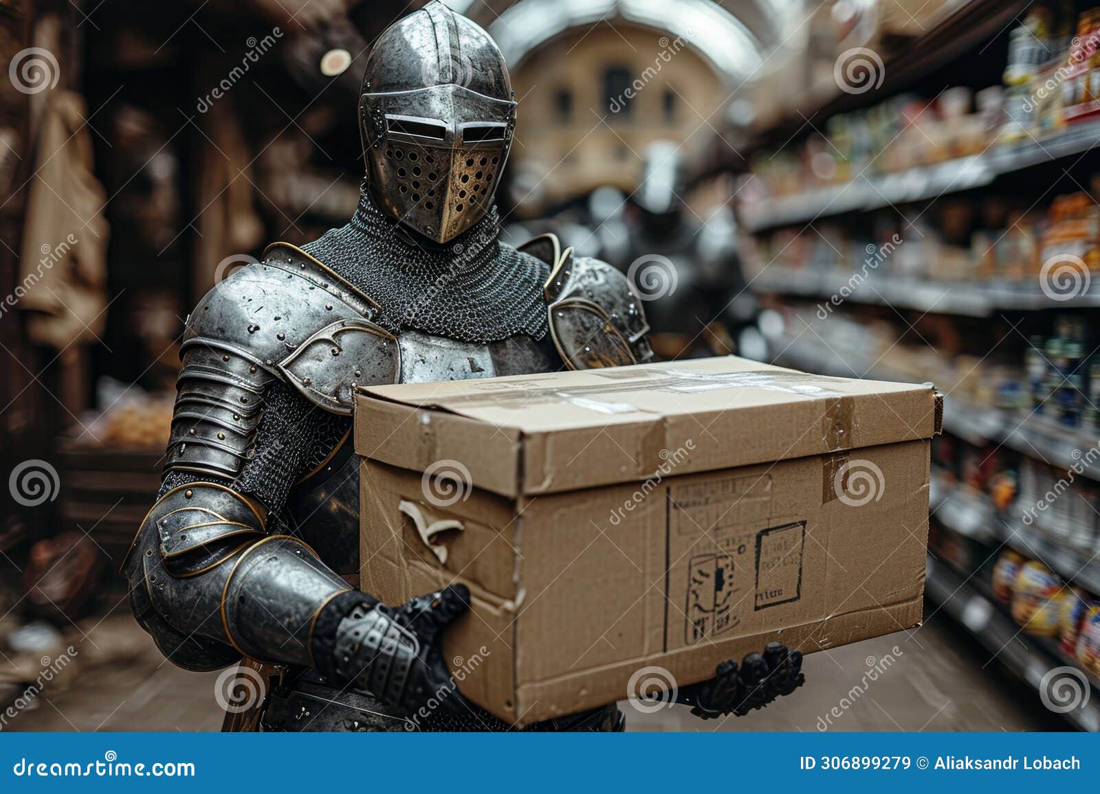 A Medieval Knight in Armor Stands with a Cardboard Box in a Store Stock ...