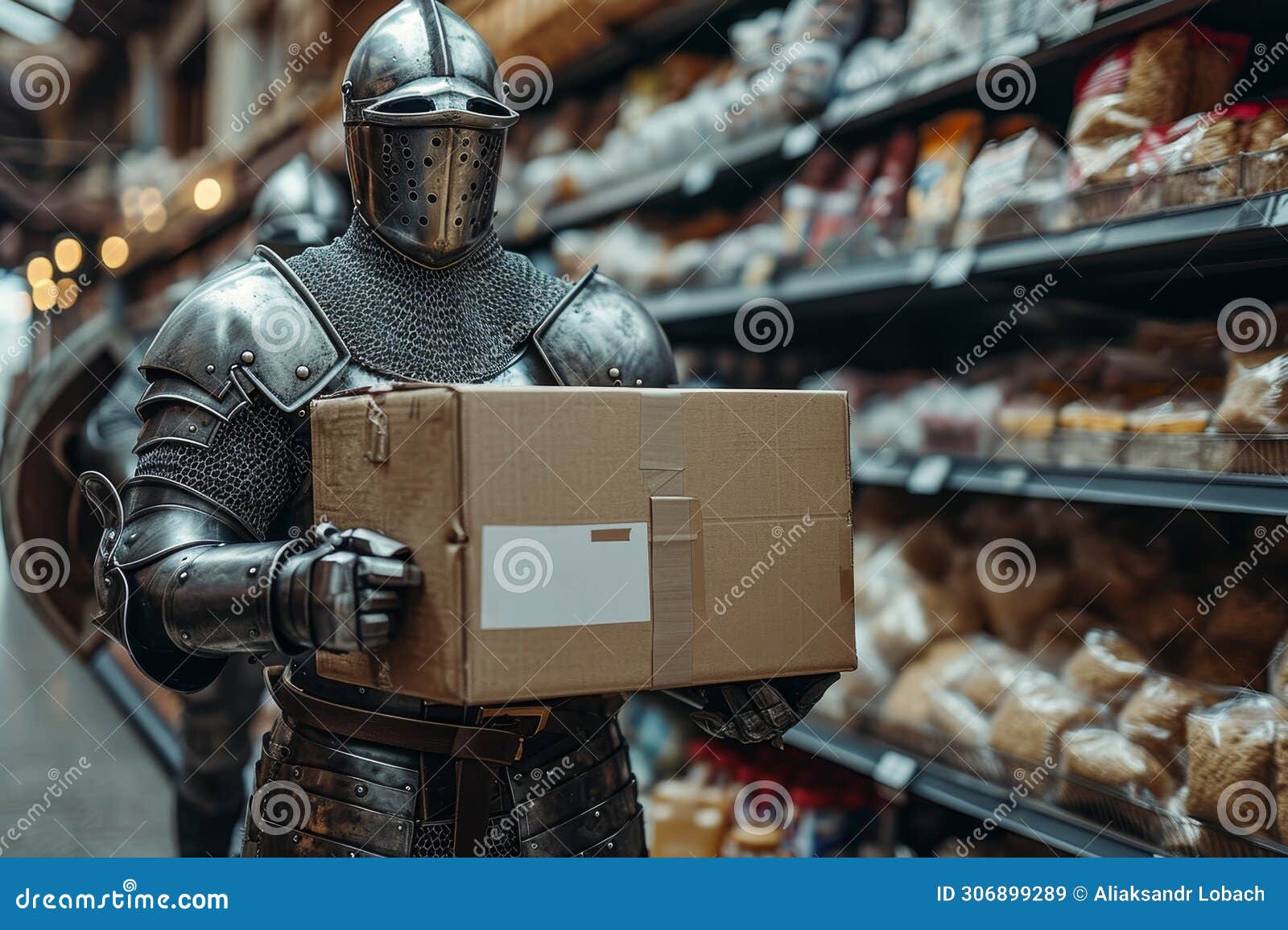 A Medieval Knight in Armor Stands with a Cardboard Box in a Store Stock ...