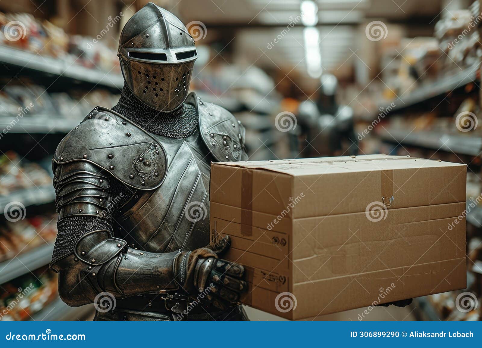 A Medieval Knight in Armor Stands with a Cardboard Box in a Store Stock ...