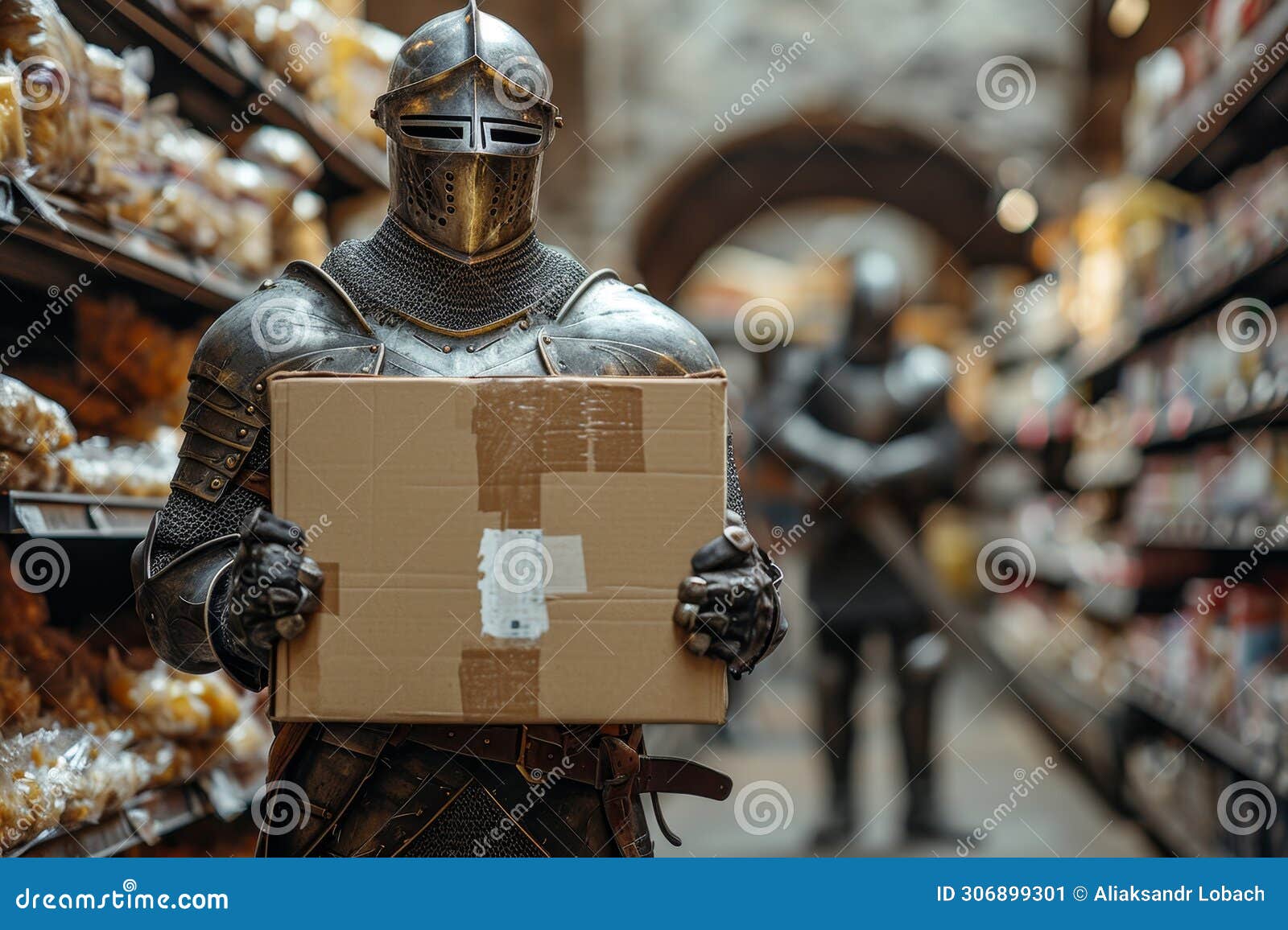 A Medieval Knight in Armor Stands with a Cardboard Box in a Store Stock ...