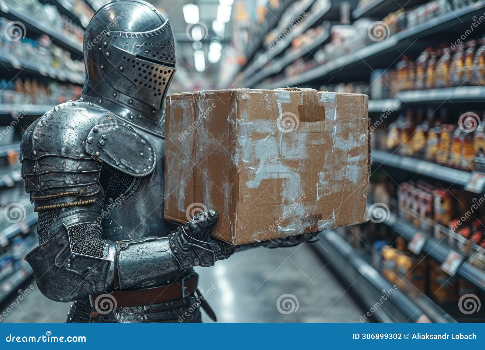 A Medieval Knight in Armor Stands with a Cardboard Box in a Store Stock ...