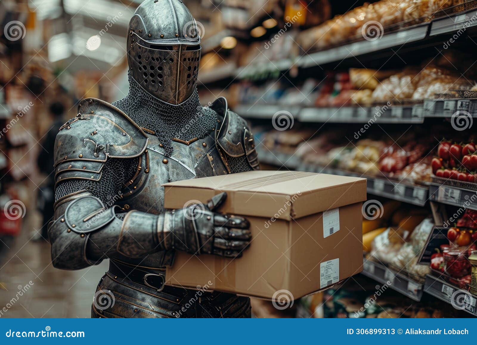 A Medieval Knight in Armor Stands with a Cardboard Box in a Store Stock ...